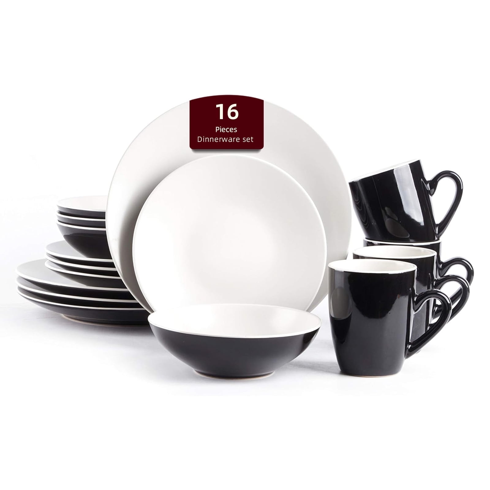 Stoneware Two-Tone Colors Life 16pc Dinner Set，Outside Shiny Black ...