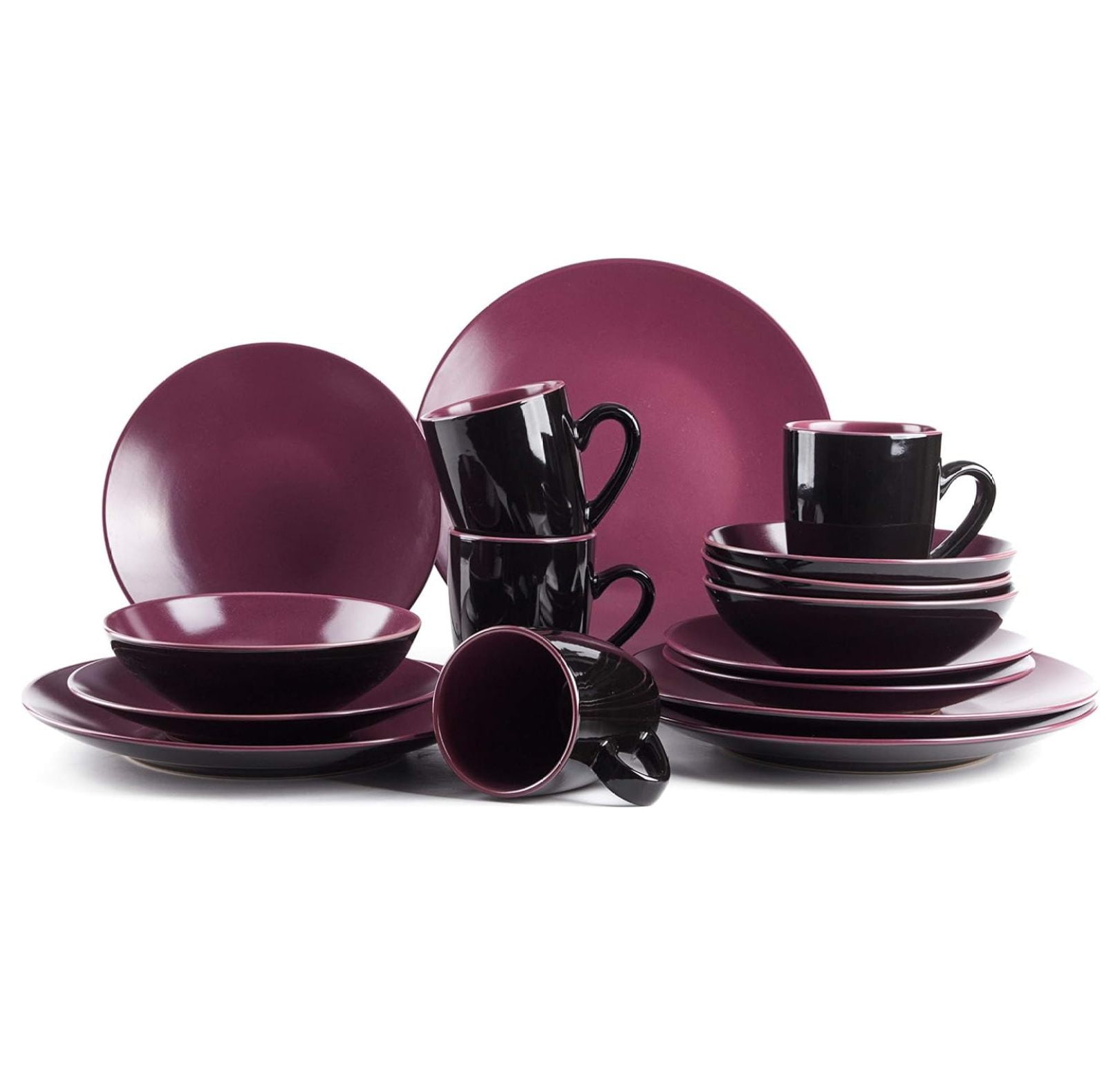 Stoneware Two-Tone Colors Life 16pc Dinner Set，Outside Shiny Black + Inside Matte Glaze Plum ...