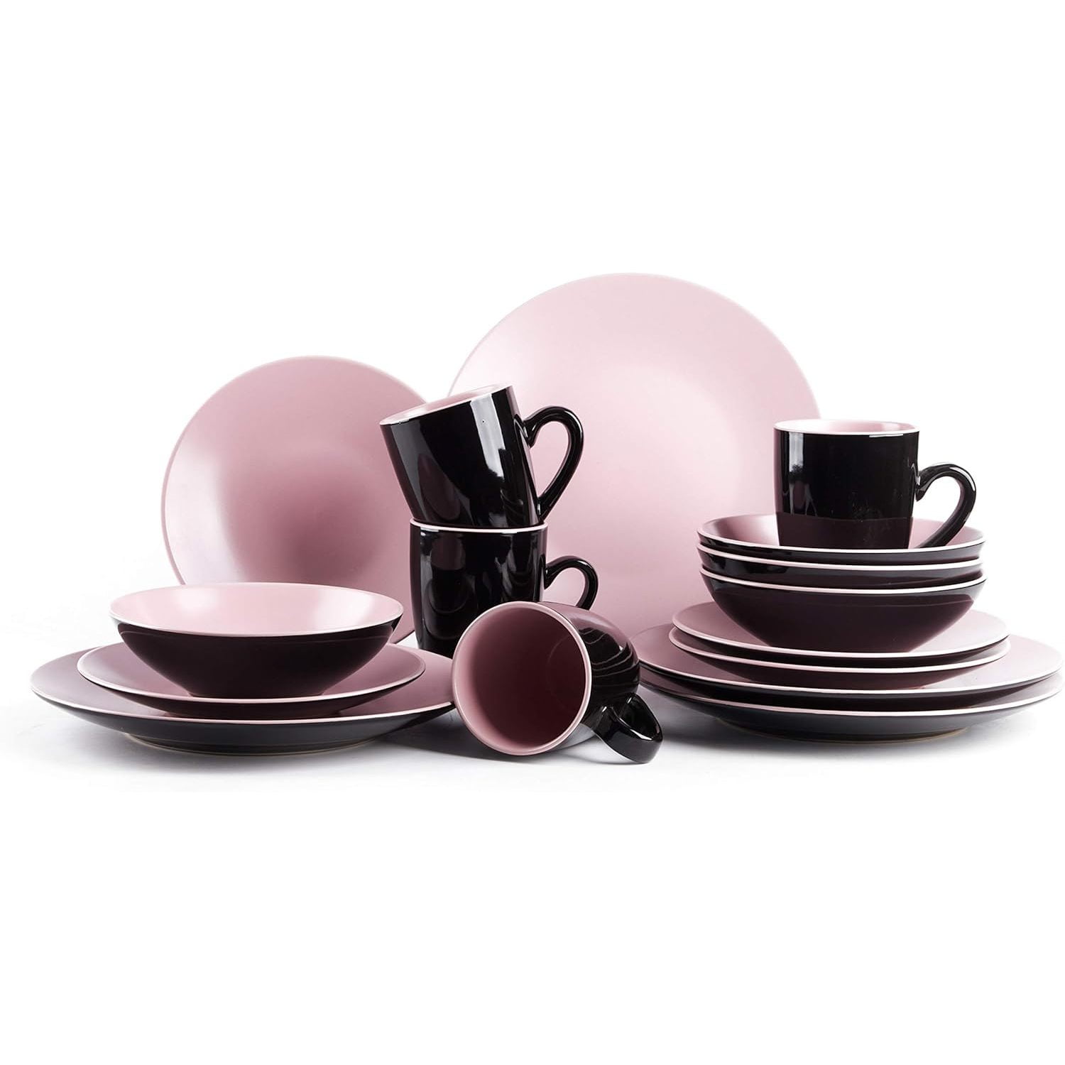 Stoneware Two-Tone Colors Life 16pc Dinner Set，Outside Shiny Black + Inside Matte Glaze Rose ...