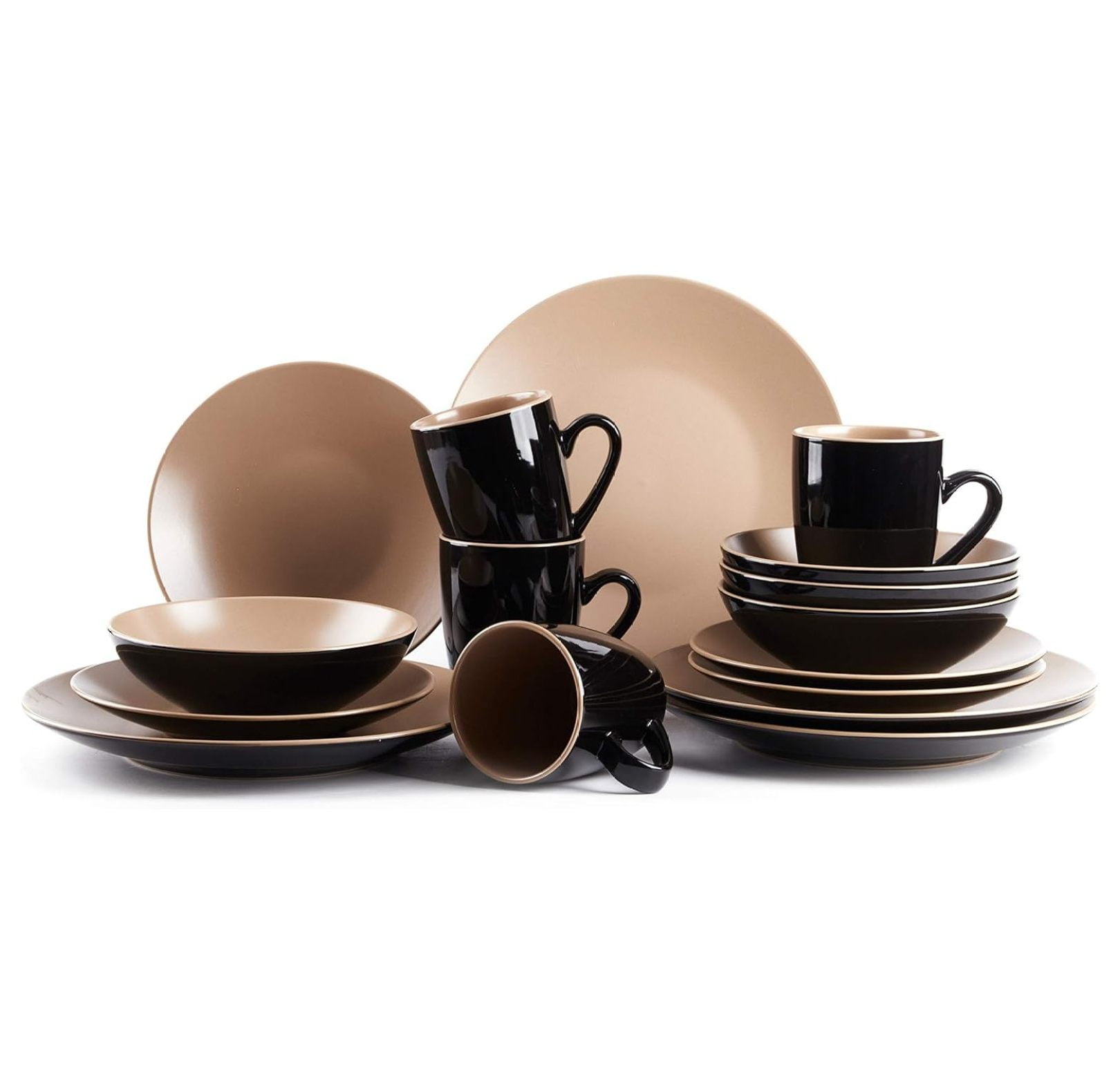 Stoneware Two-Tone Colors Life 16pc Dinner Set, Outside Shiny Black ...