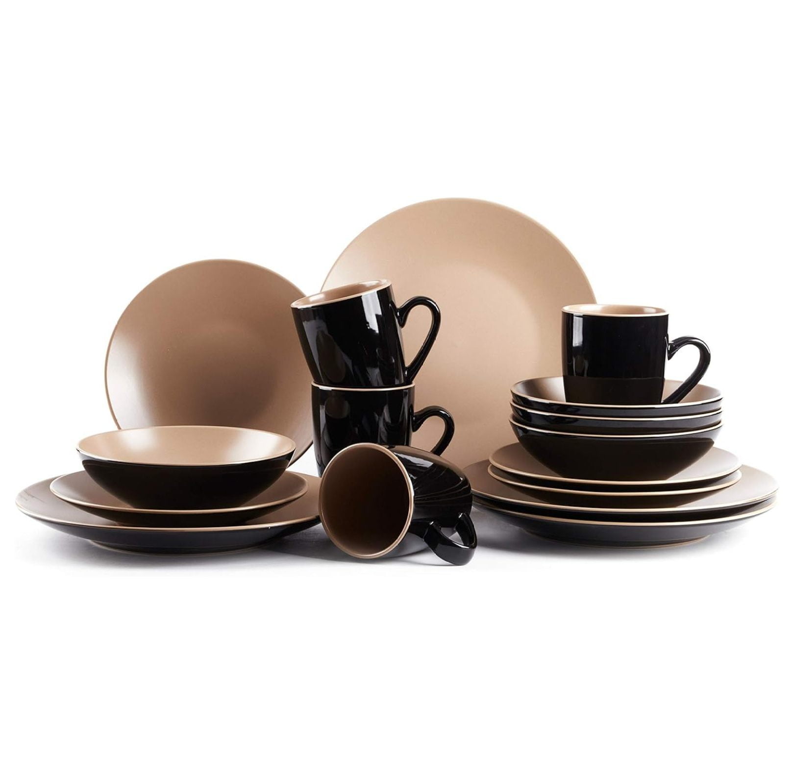 Stoneware Two-Tone Colors Life 16pc Dinner Set, Outside Shiny Black ...