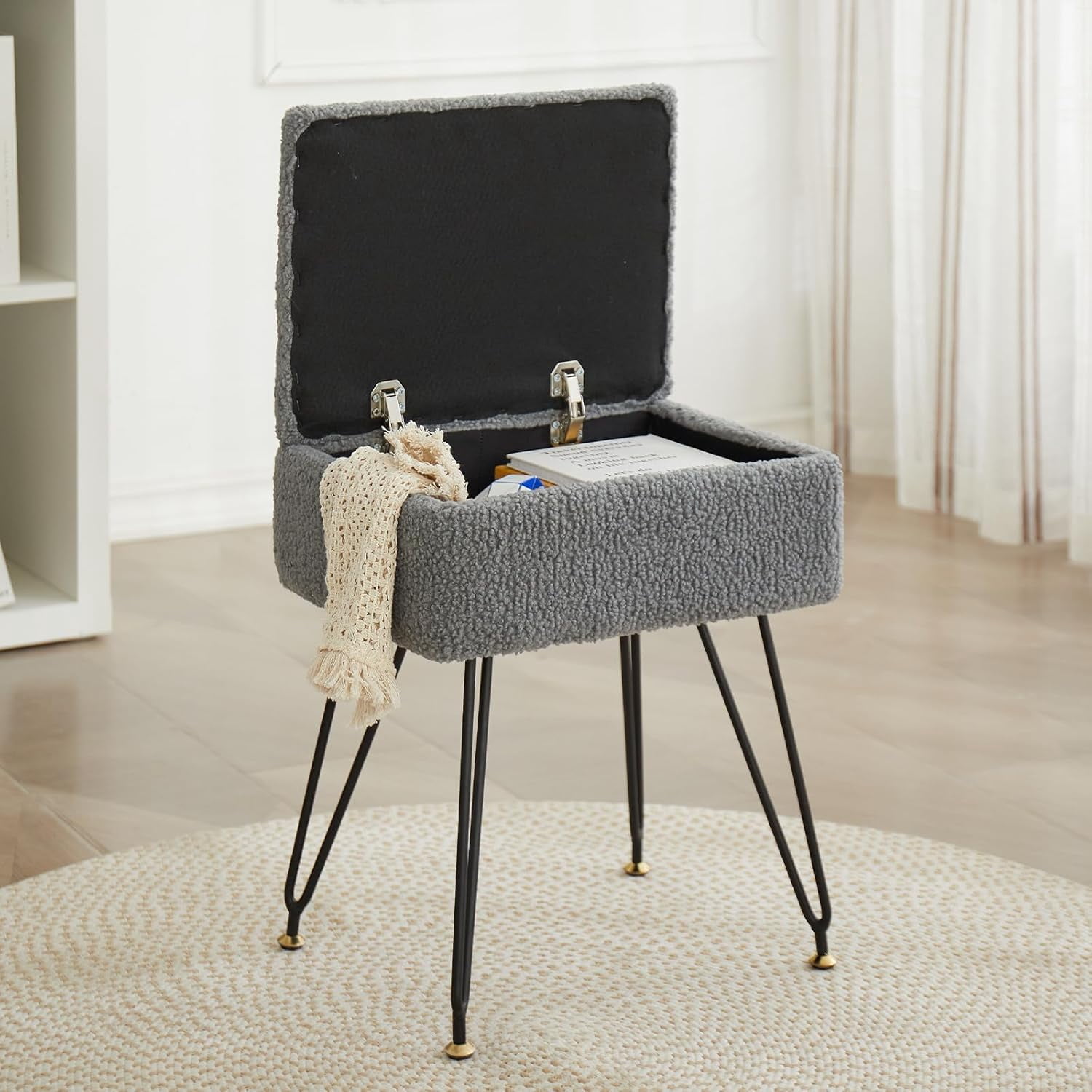 Stool Chair, Faux Teddy Fur Ottoman Foot Stool with Metal Legs ...