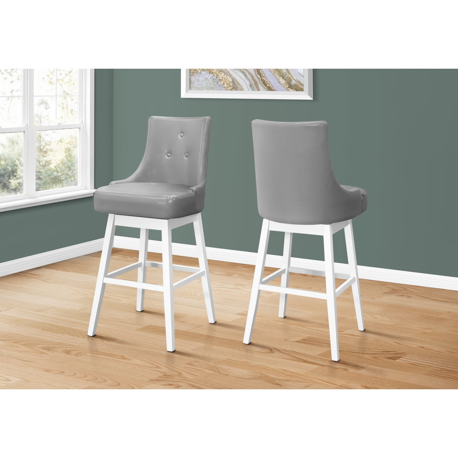 Stool, Set Of 2, Swivel, Height, White Wood, Grey Leather Look ...