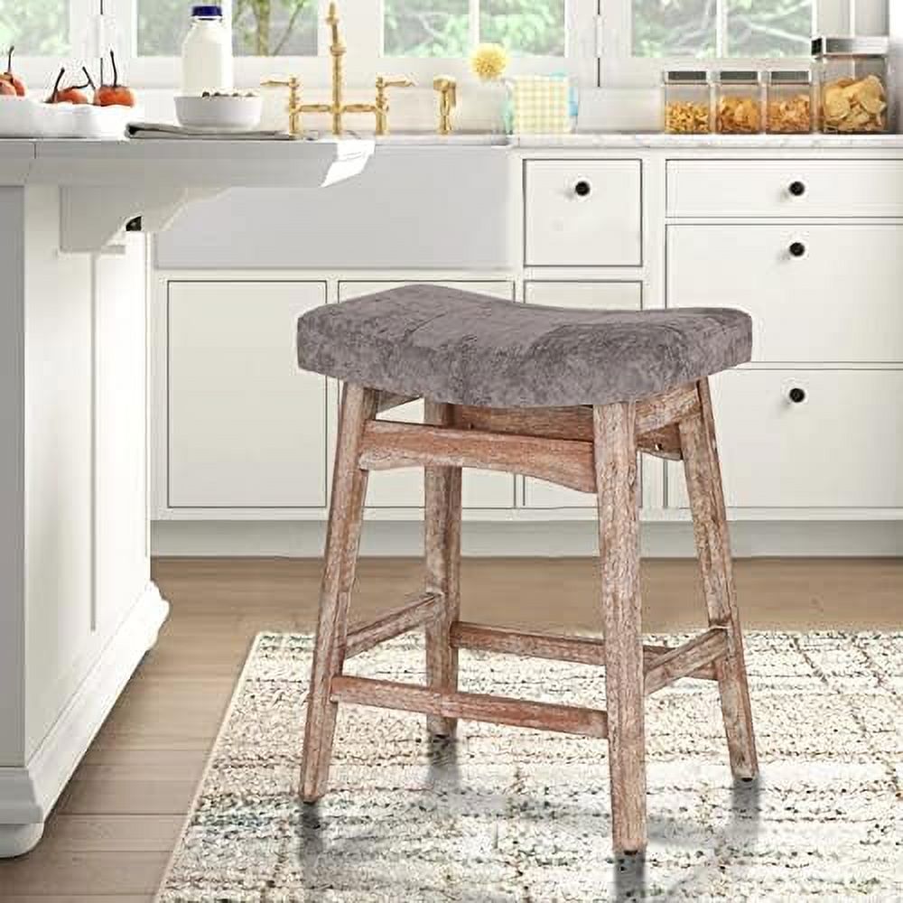 Stool Solid Wood Saddle Kitchen Stool with Grey Linen Fabric Cushion ...