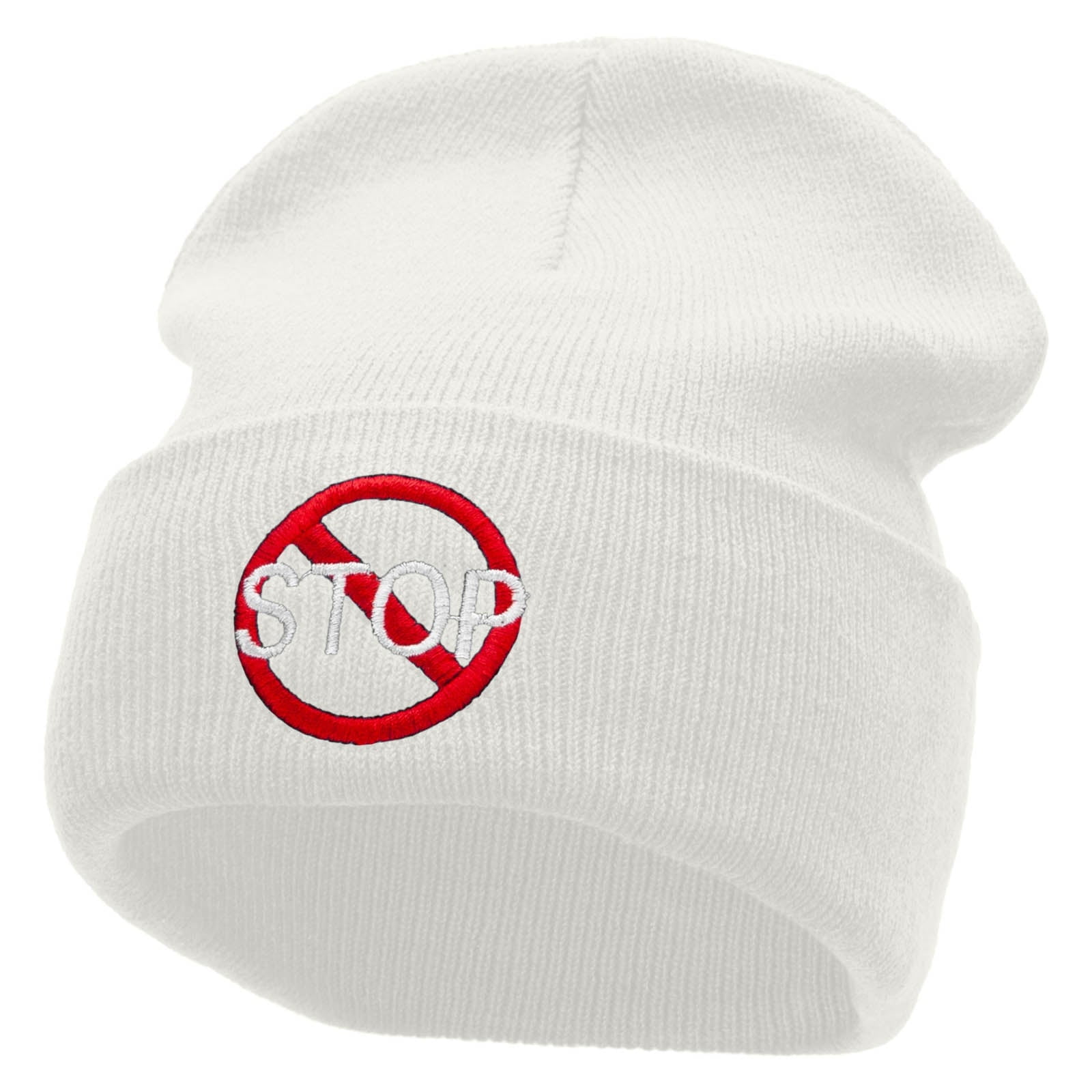 Stop Embroidered 12 Inch Long Knitted Beanie - White OSFM - Walmart.com