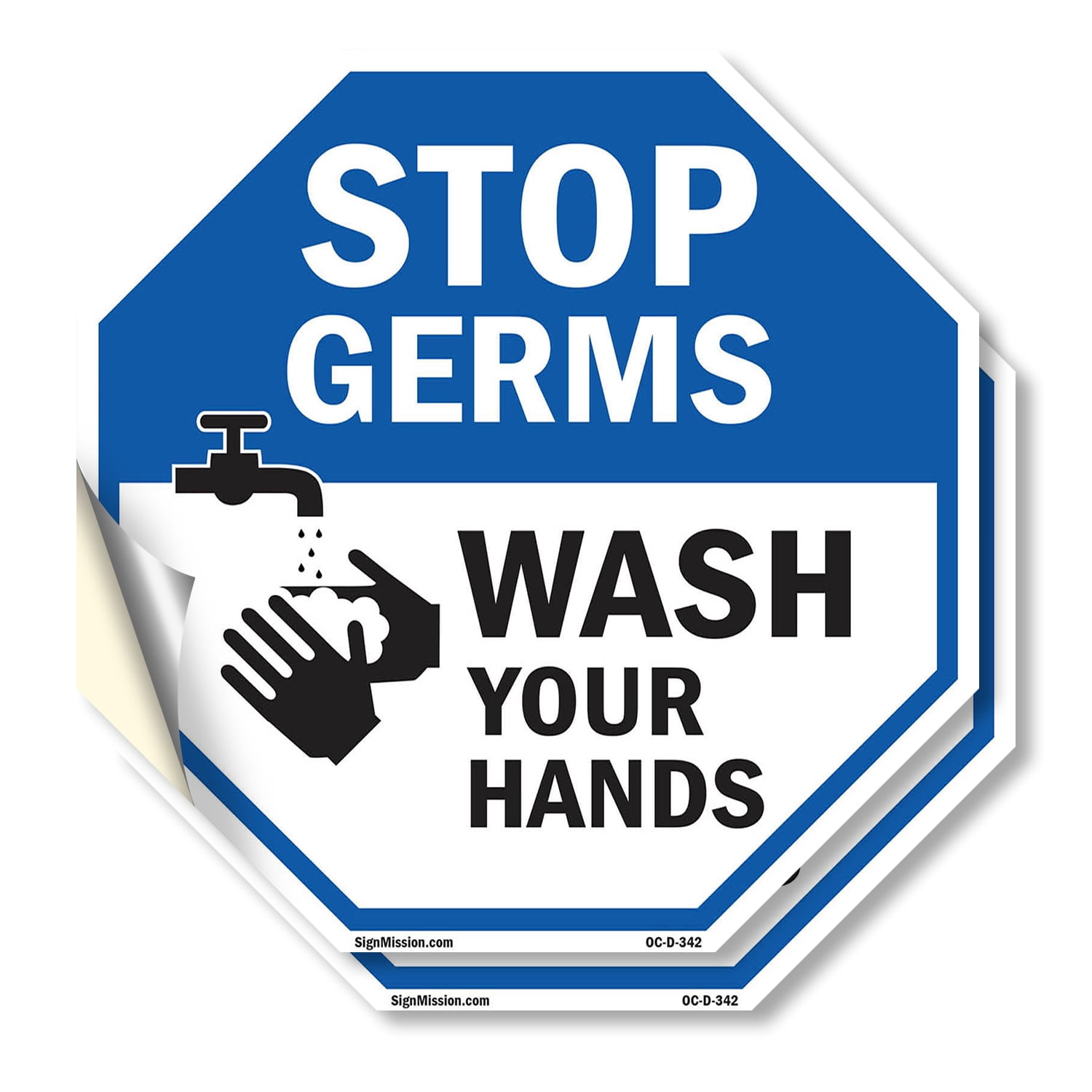 Stop Germs Wash Your Hands (2 Pack) 4 inch X 4 inch Octagon Vinyl Label ...