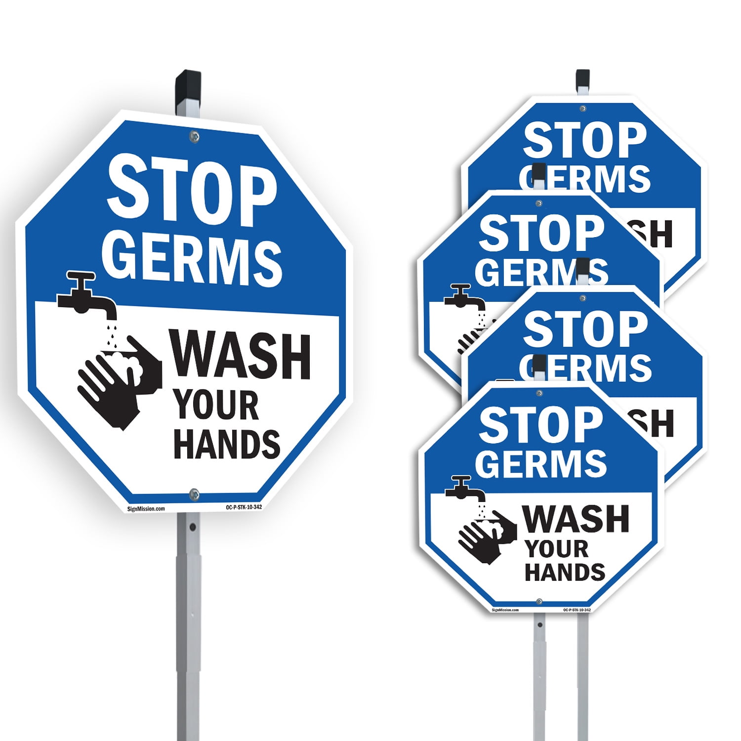 Stop Germs Wash Your Hands (5 Pack) 10 inch X 10 inch Octagon Aluminum ...
