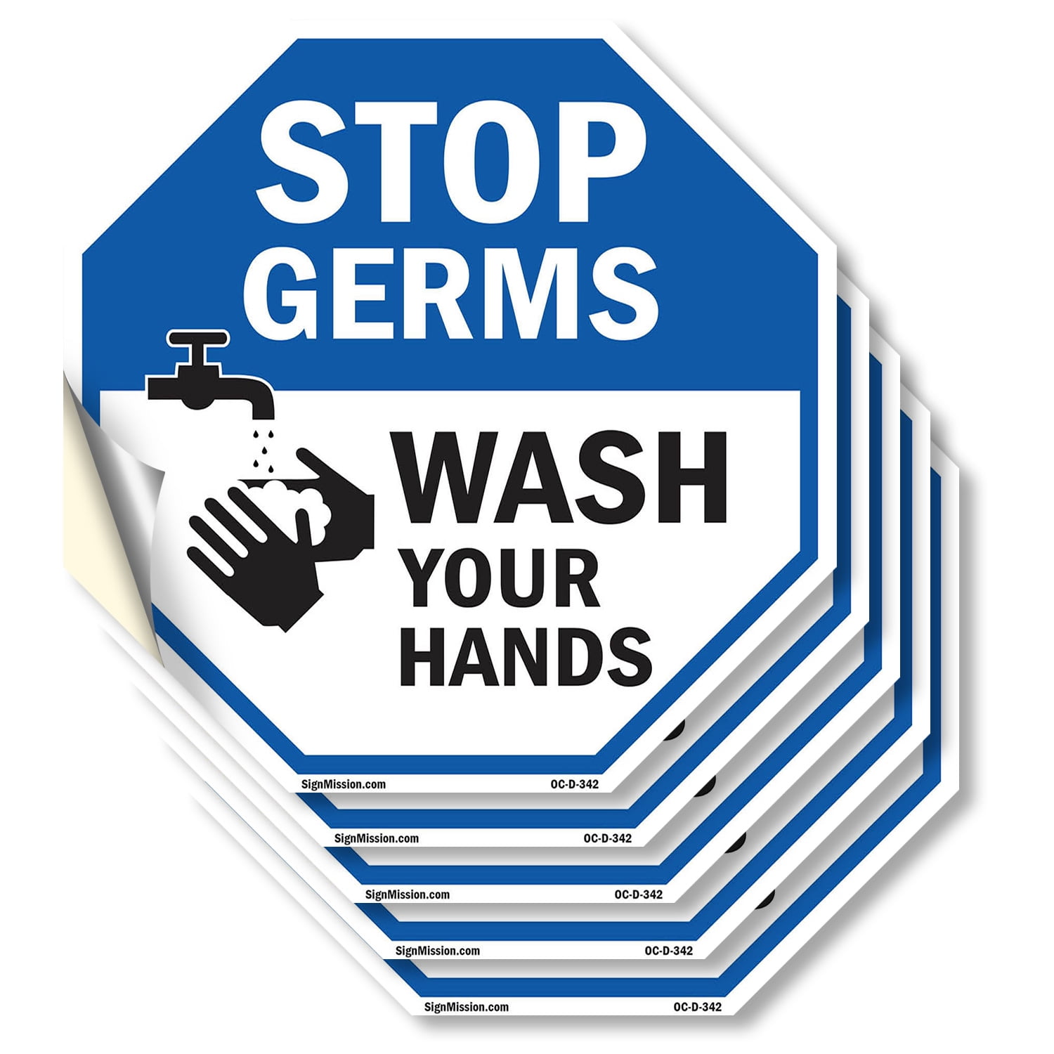 Stop Germs Wash Your Hands (5 Pack) 4 inch X 4 inch Octagon Vinyl Label ...