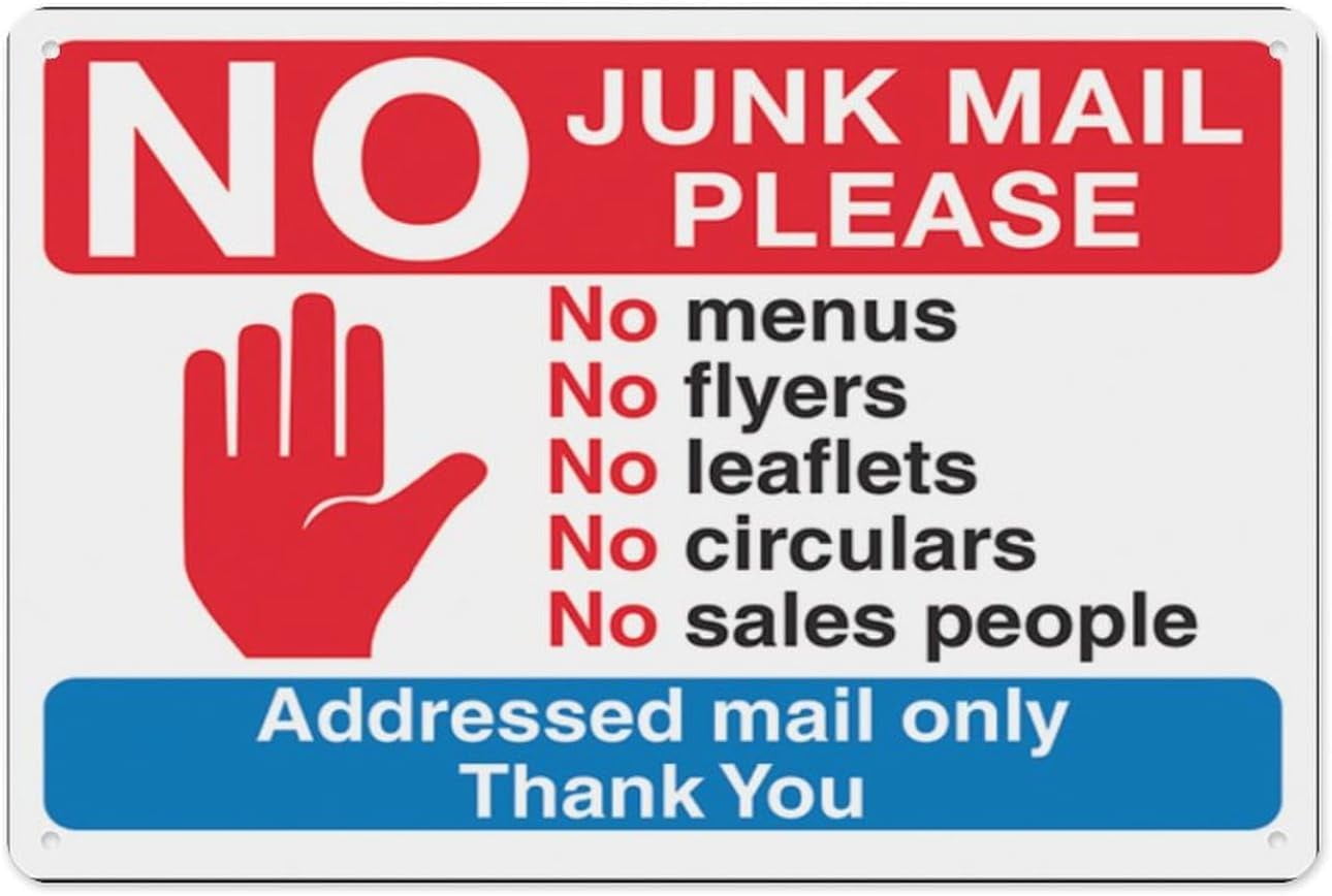 Stop Hand Symbol No Junk Mail Please, No Menus Sign 8"x12" - Aluminum ...