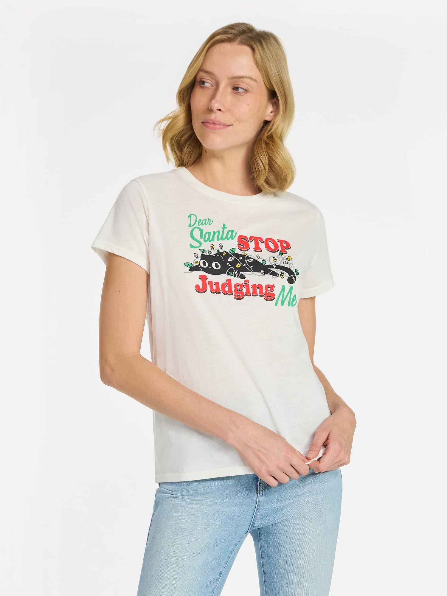 Christmas Women's Stop Judging Santa Graphic Tee with Short Sleeves ...