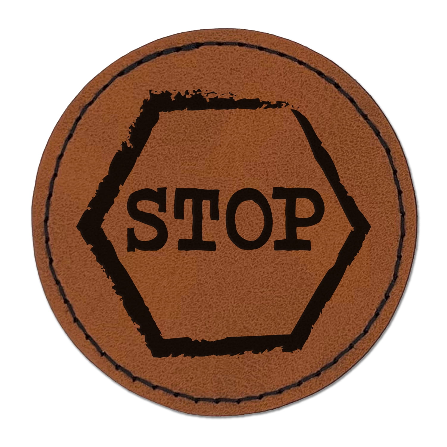 Stop Sign Sketch 2.5" Faux Leather Round Engraved Iron-On Patch - Brown ...