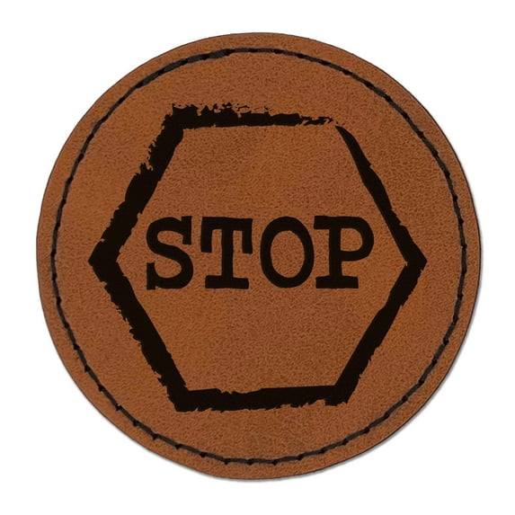 Stop Sign Sketch 2.5" Faux Leather Round Engraved Iron-On Patch - Brown ...