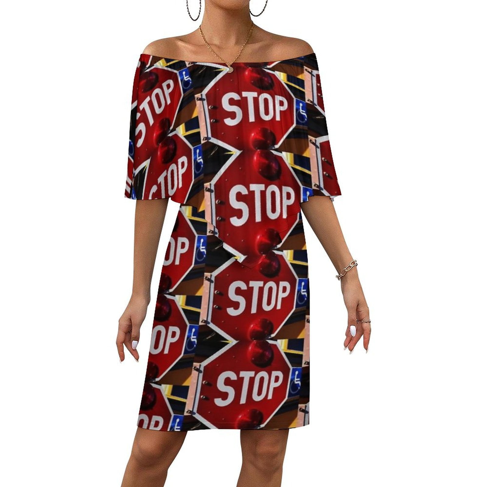 Stop Sign Women's Off The Shoulder Ruffles Summer Wedding Guest Loose ...
