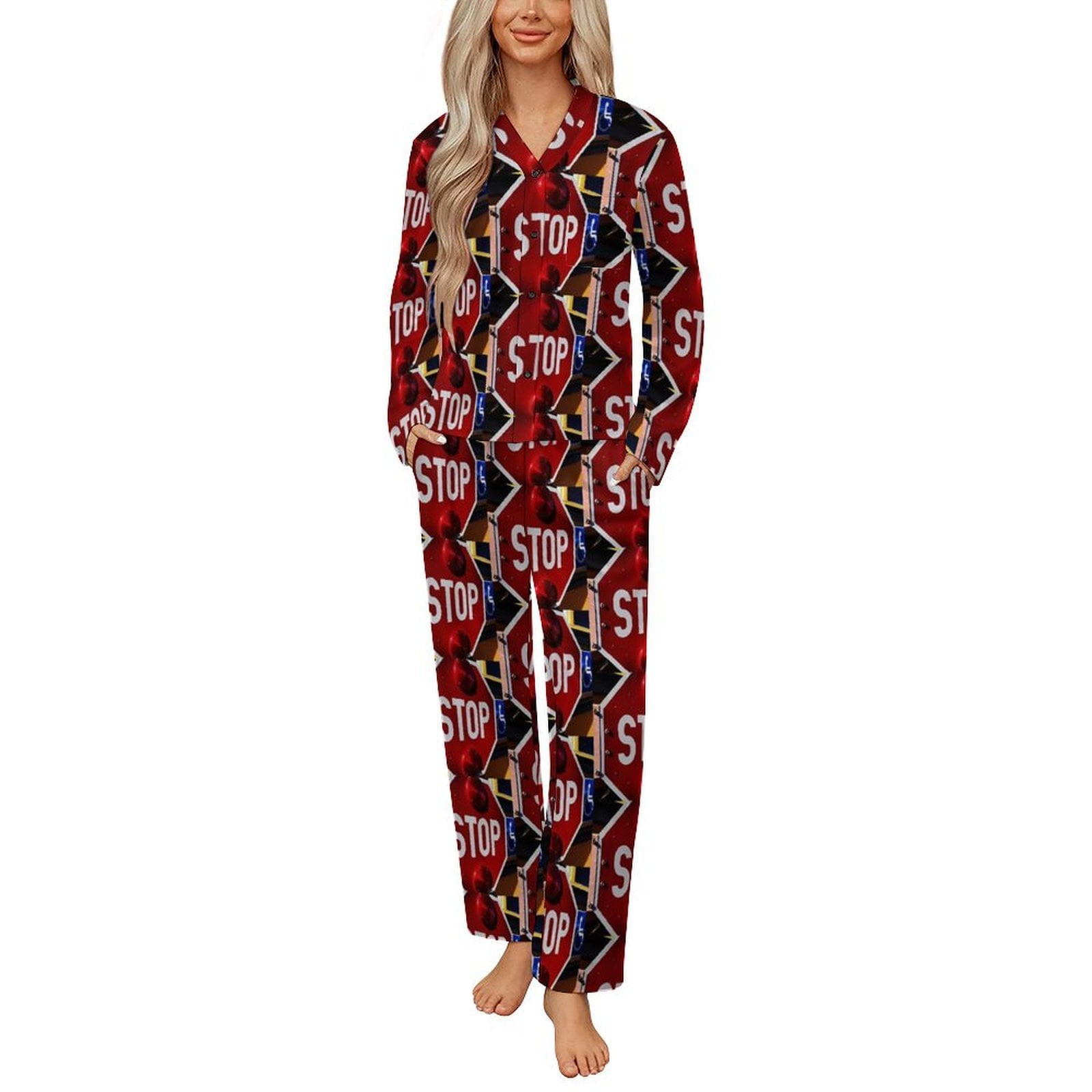 Stop Sign Womens Pyjamas Set Button Up Pyjamas Womens with Long Sleeve ...