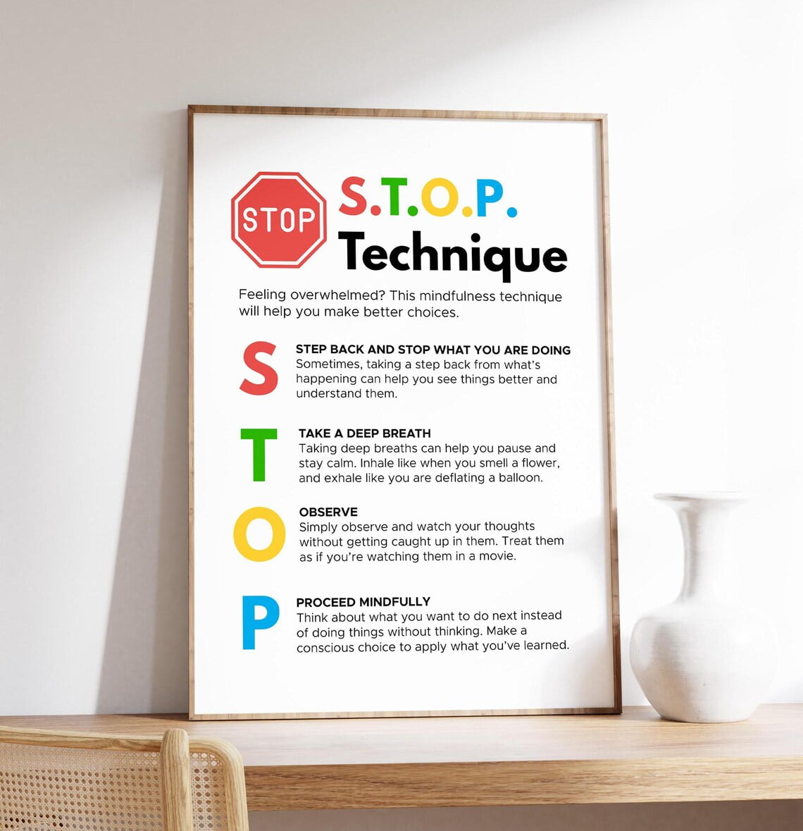 Stop Technique Poster, Stress Relief Print, Relaxation Technique, Mental Health Art, Positive ...