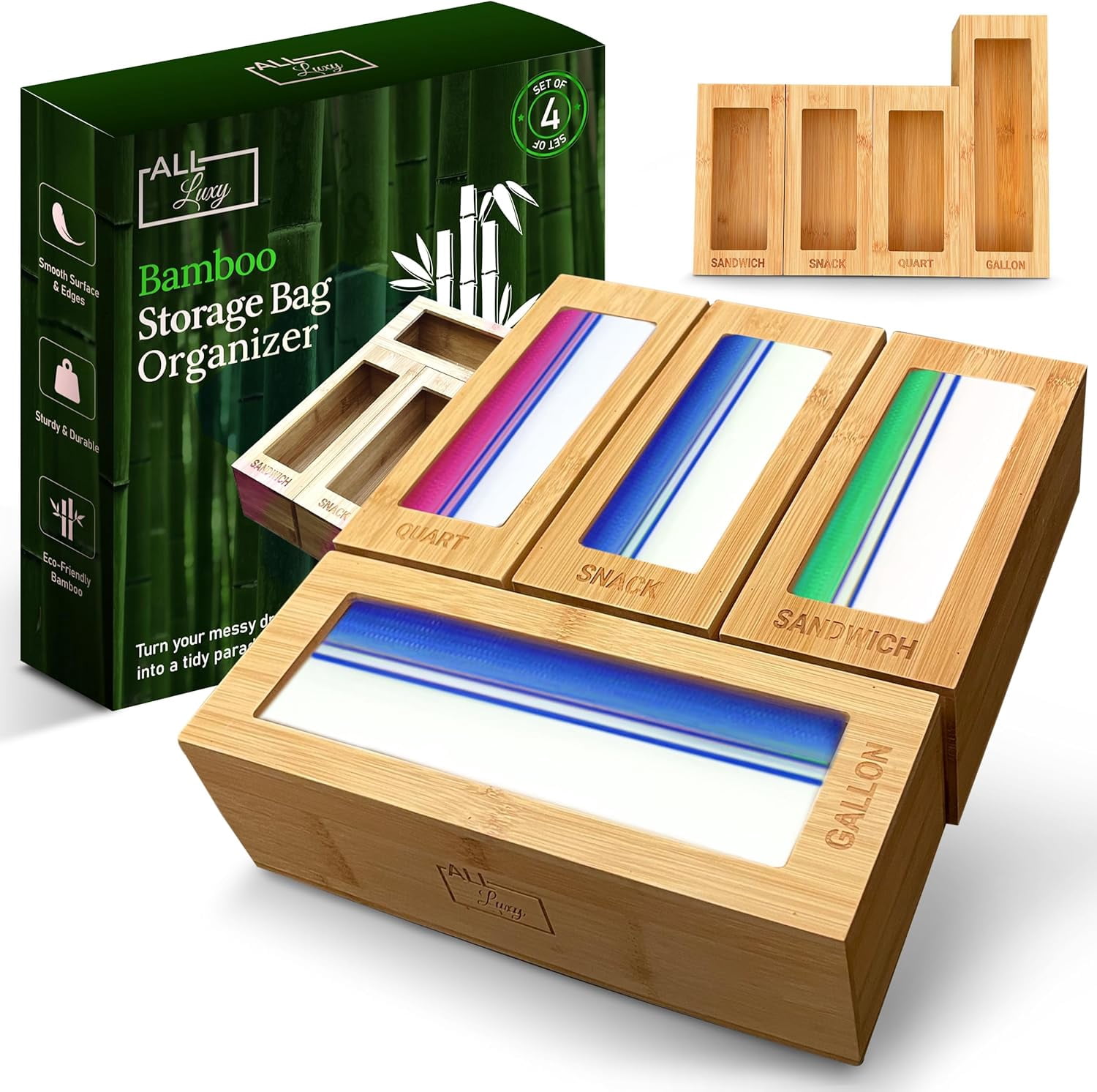 Storage Bag Organizer for Kitchen Drawer - Bamboo Baggie Organization ...