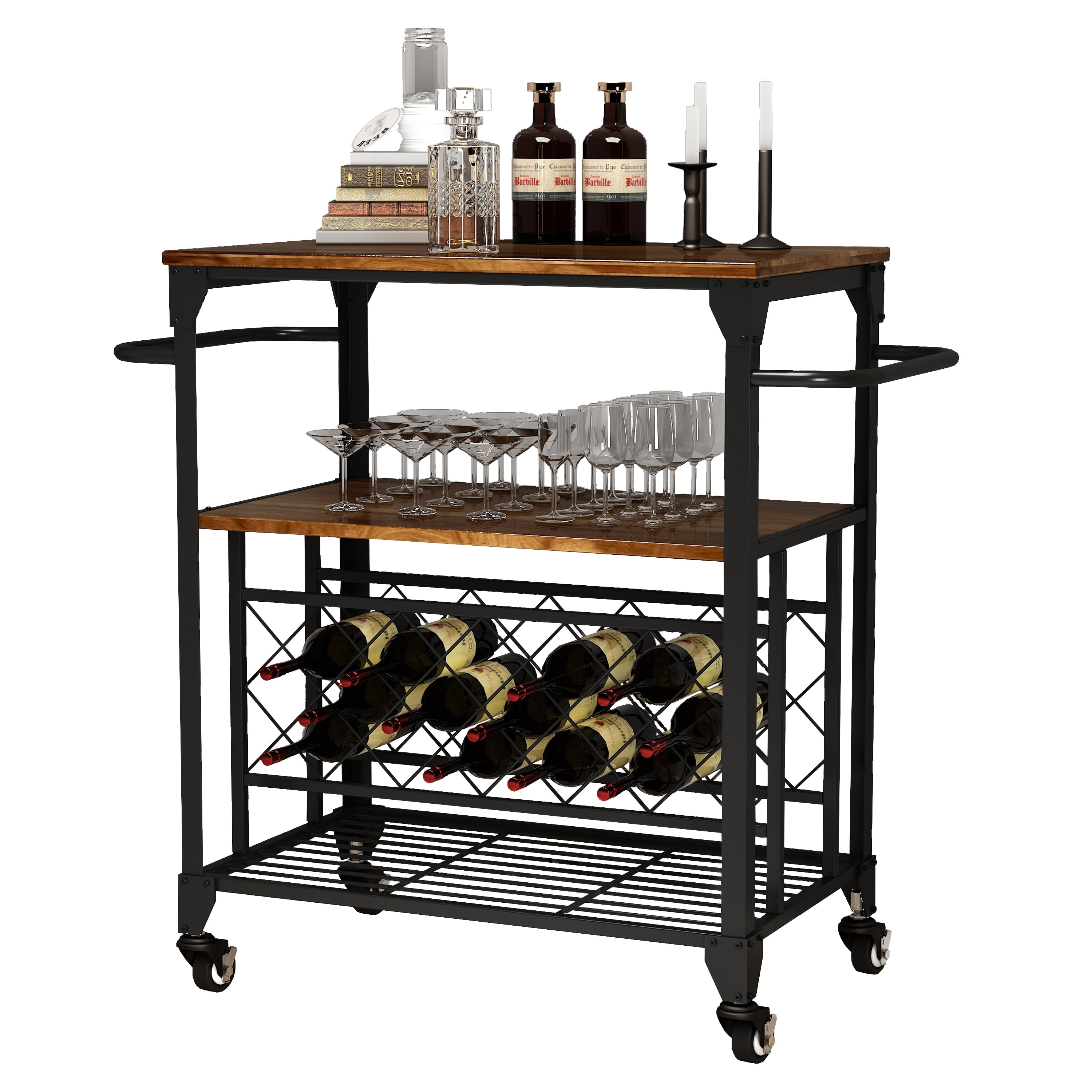 Storage Bar Cart Kitchen Shelf Serving Cart With Wine Rack 3-Tier Metal ...