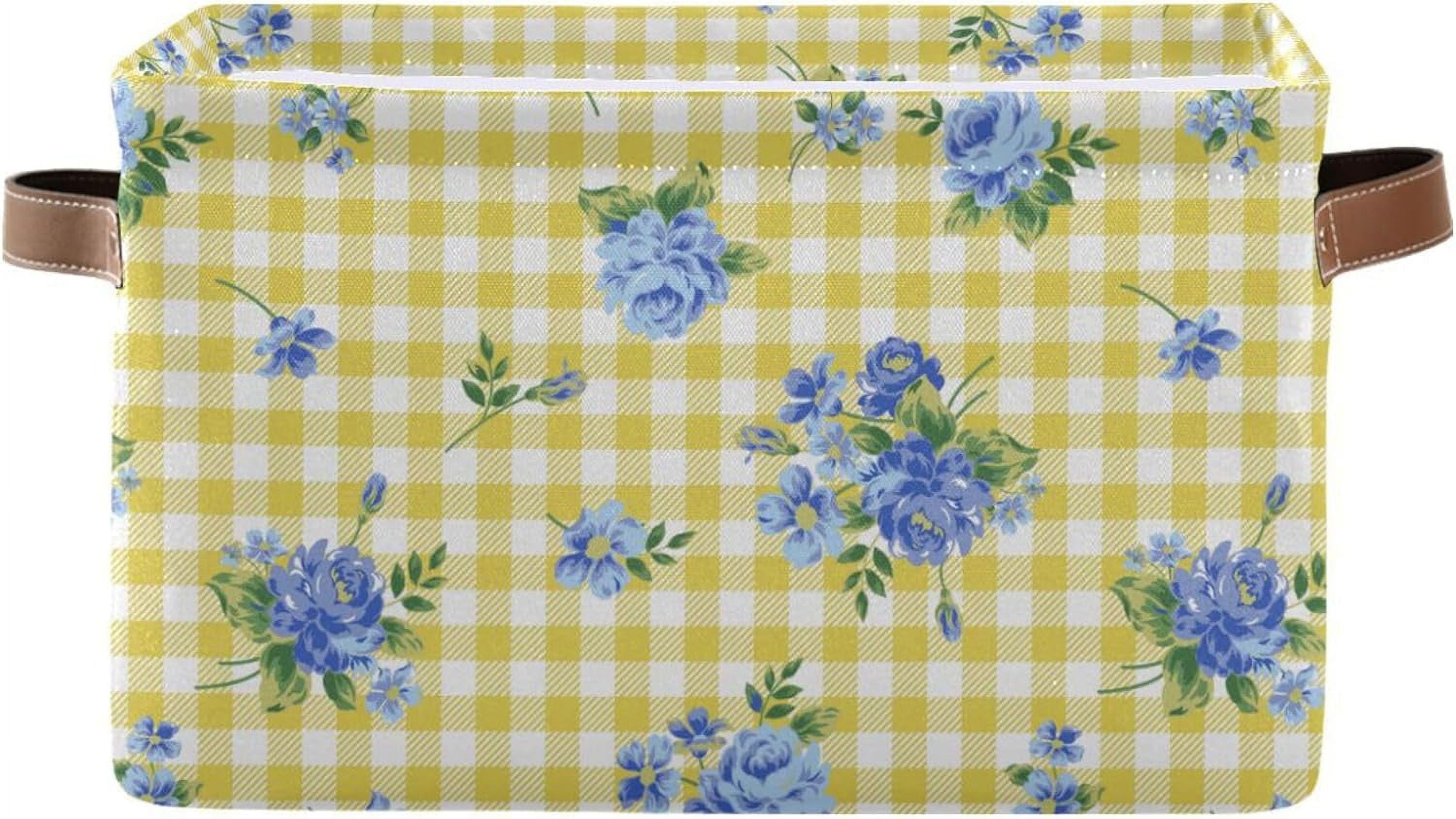 Storage Basket Blue Roses and Gingham Check Storage Bin with Handle ...