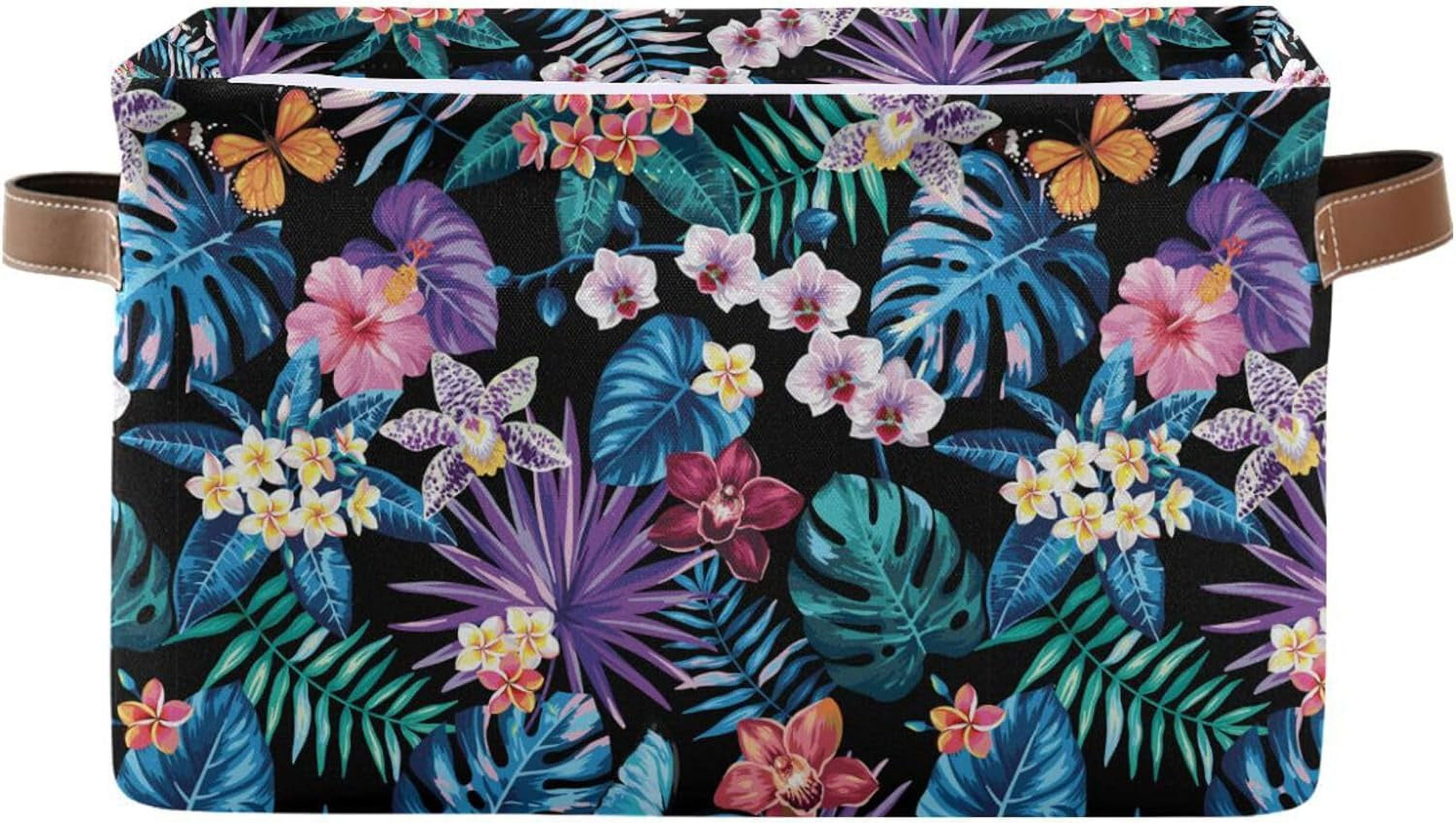 Storage Basket Flowers and Tropical Leaves Storage Bin with Handle ...