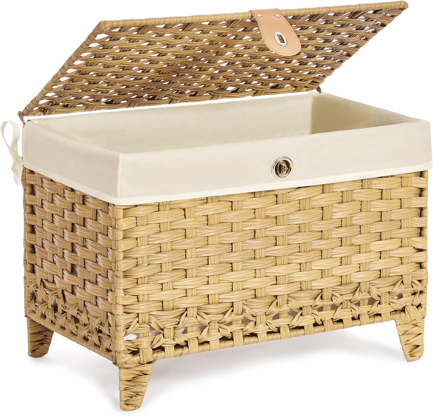 Storage Basket with Lid,Rattan Shelf Basket with Removable Liner Bag ...
