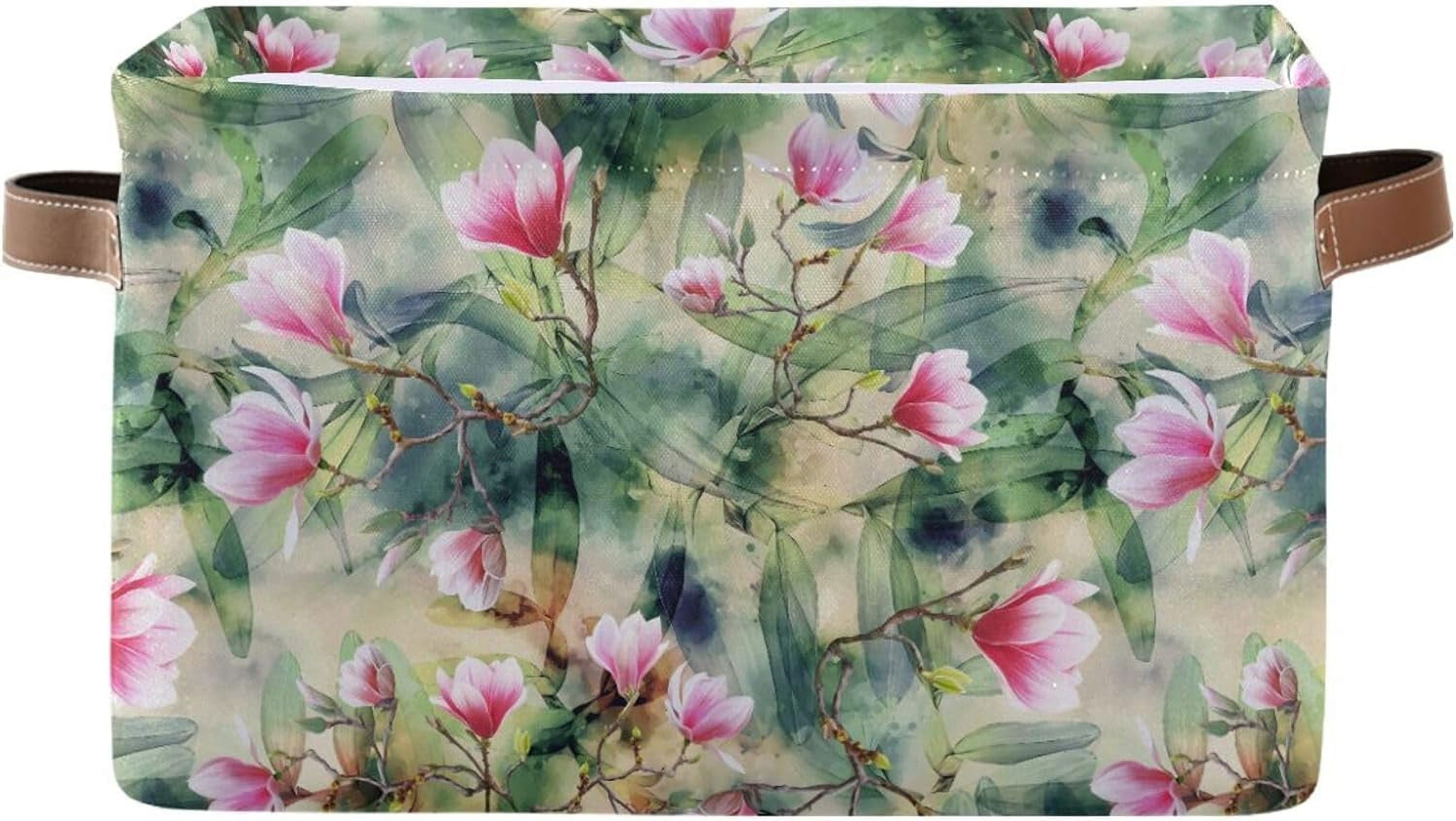 Storage Basket Pink Flower Green Storage Bin with Handle , Large ...