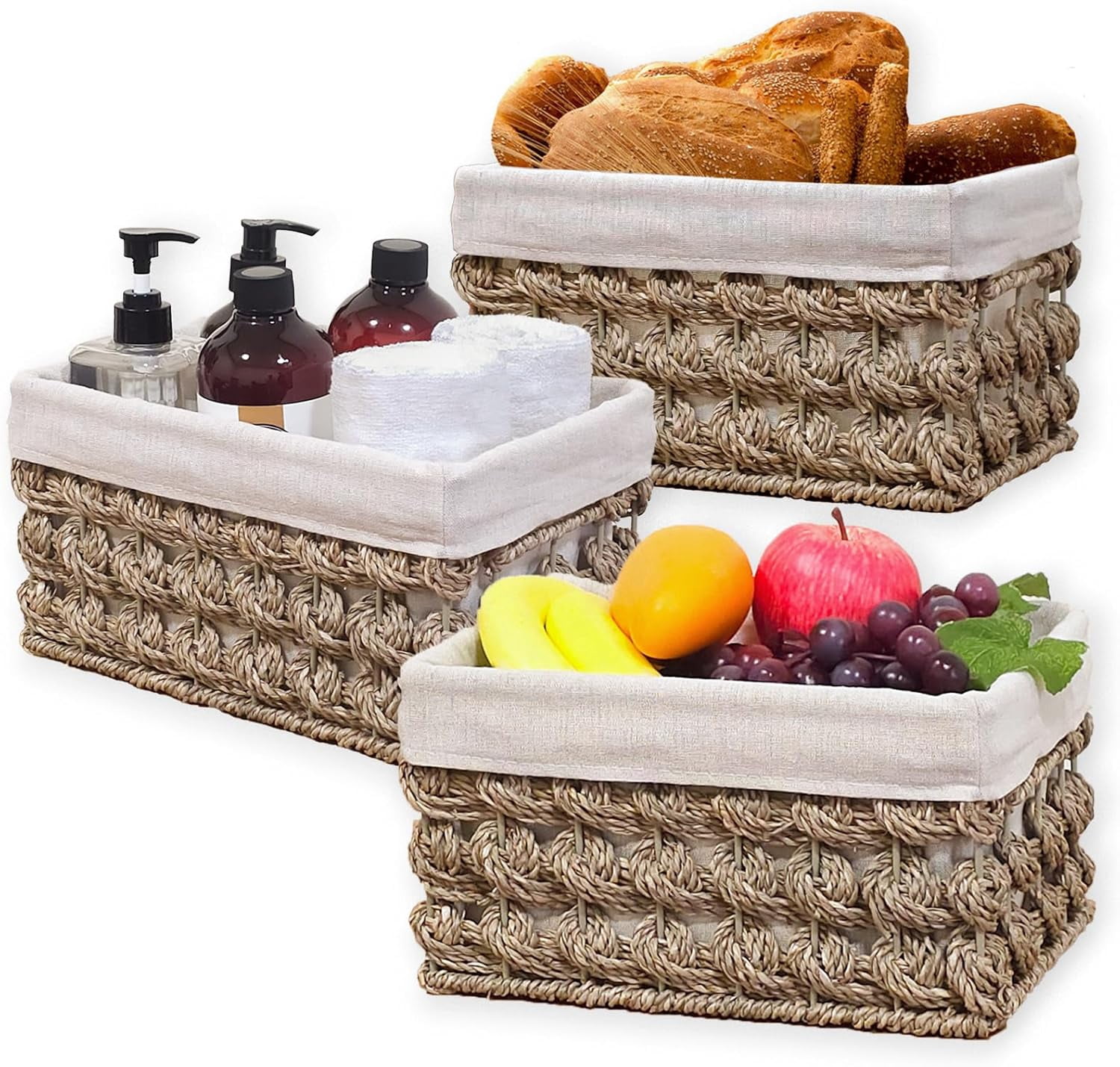 Storage Basket with Liner, Wicker Counter Organizing Basket with Built ...