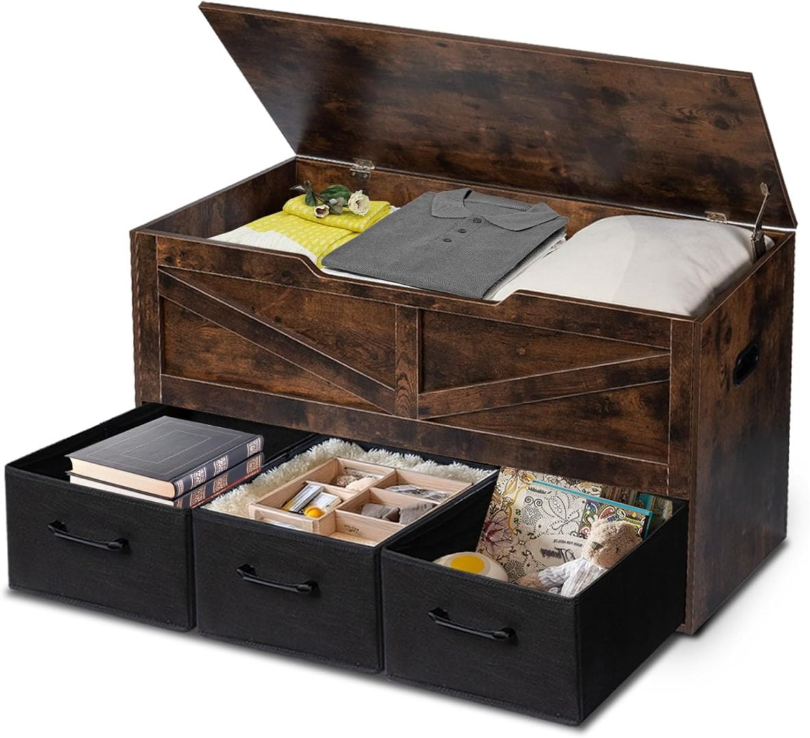 Storage Bench, 39.4" Storage Chest with 3 Drawers, Large Box Storage with Safety Hinges, Wooden ...