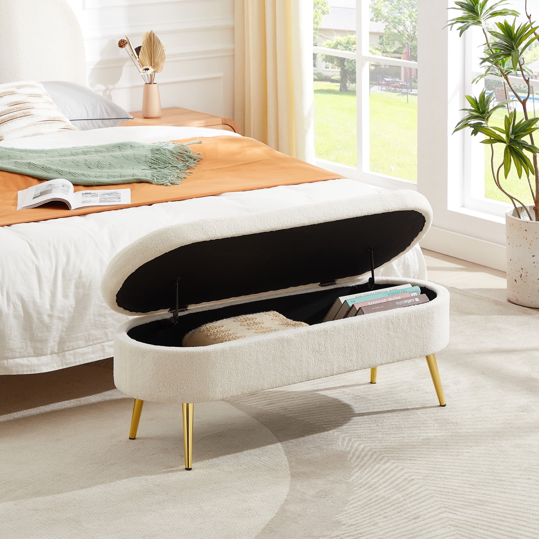 Storage Bench 43.3 Inch, End of Bed Bench with Metal Legs, Teddy Fabric ...