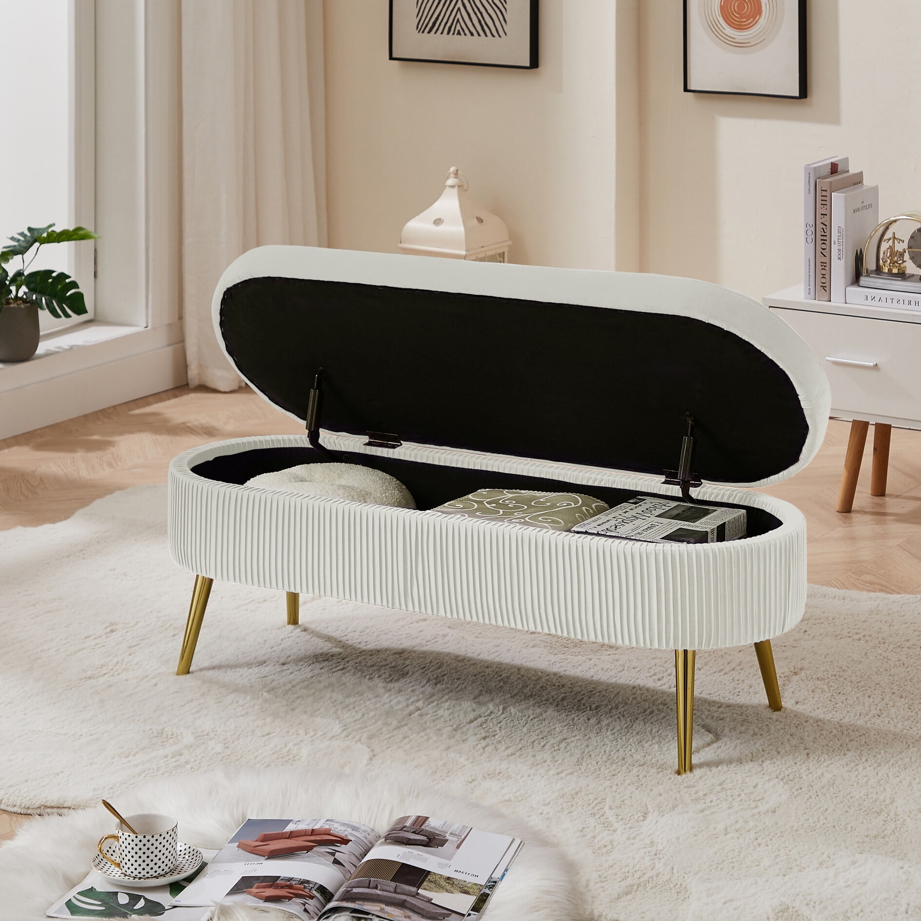 Storage Bench 43.3 Inch, End of Bed Bench with Metal Legs, Velvet ...