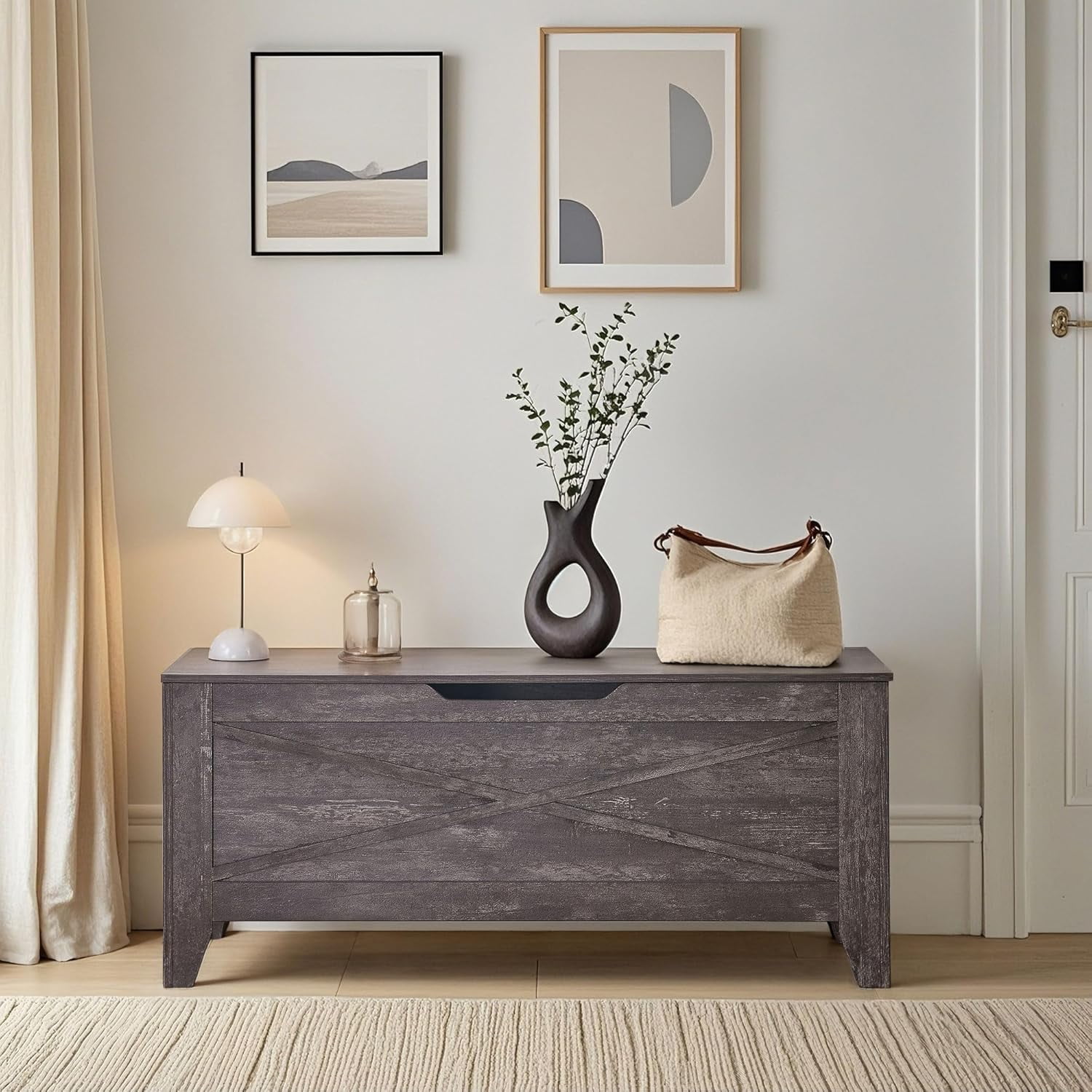 Storage Bench, 43.3in Wooden Chest with Wicker Mat Safety Hinges ...