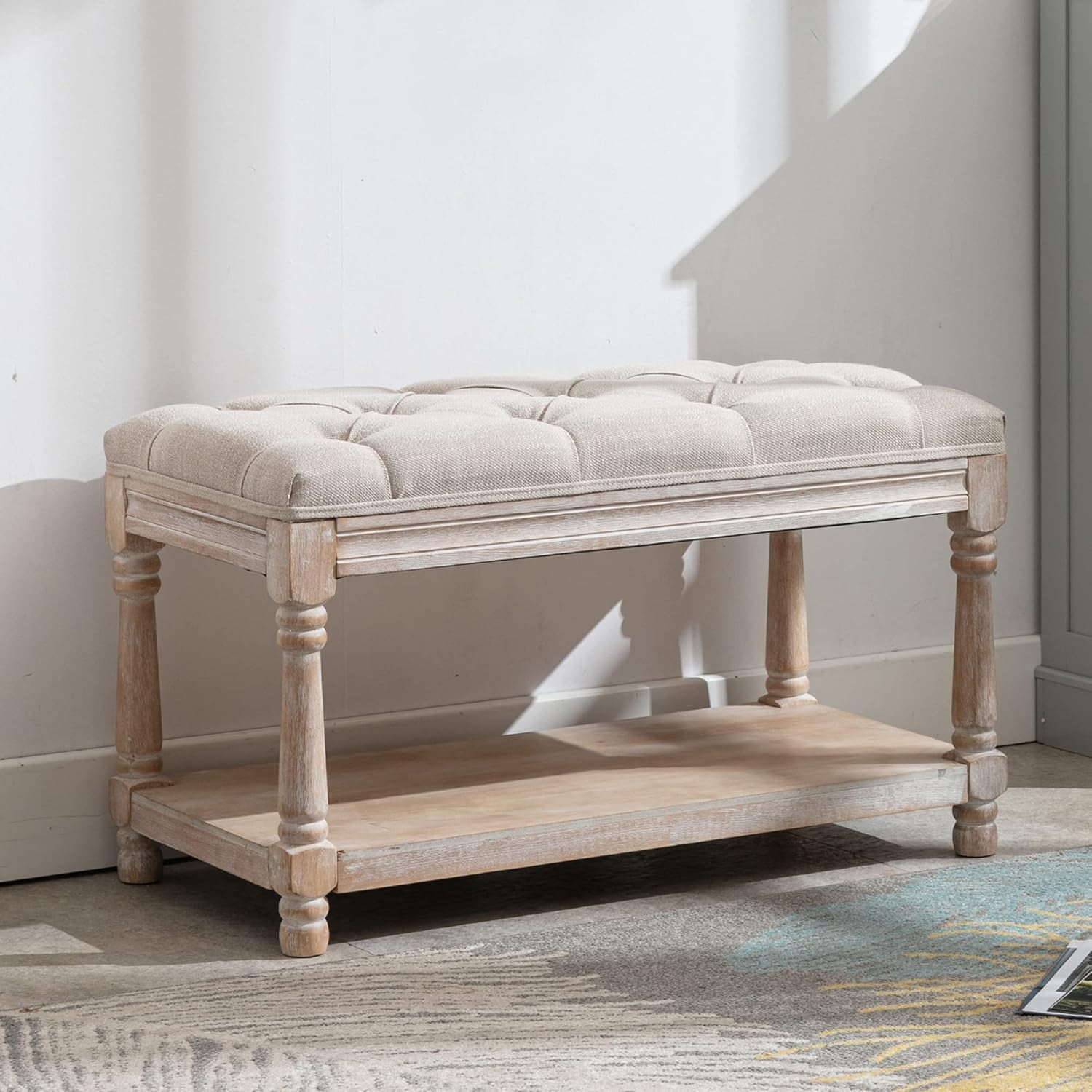 Storage Bench 45.5 "W Extra-Long Button Tufted Entryway Bench with Wood ...