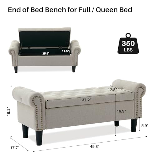 Storage Bench, 50" Queen End of Bed Bench, Linen Tufted Button ...