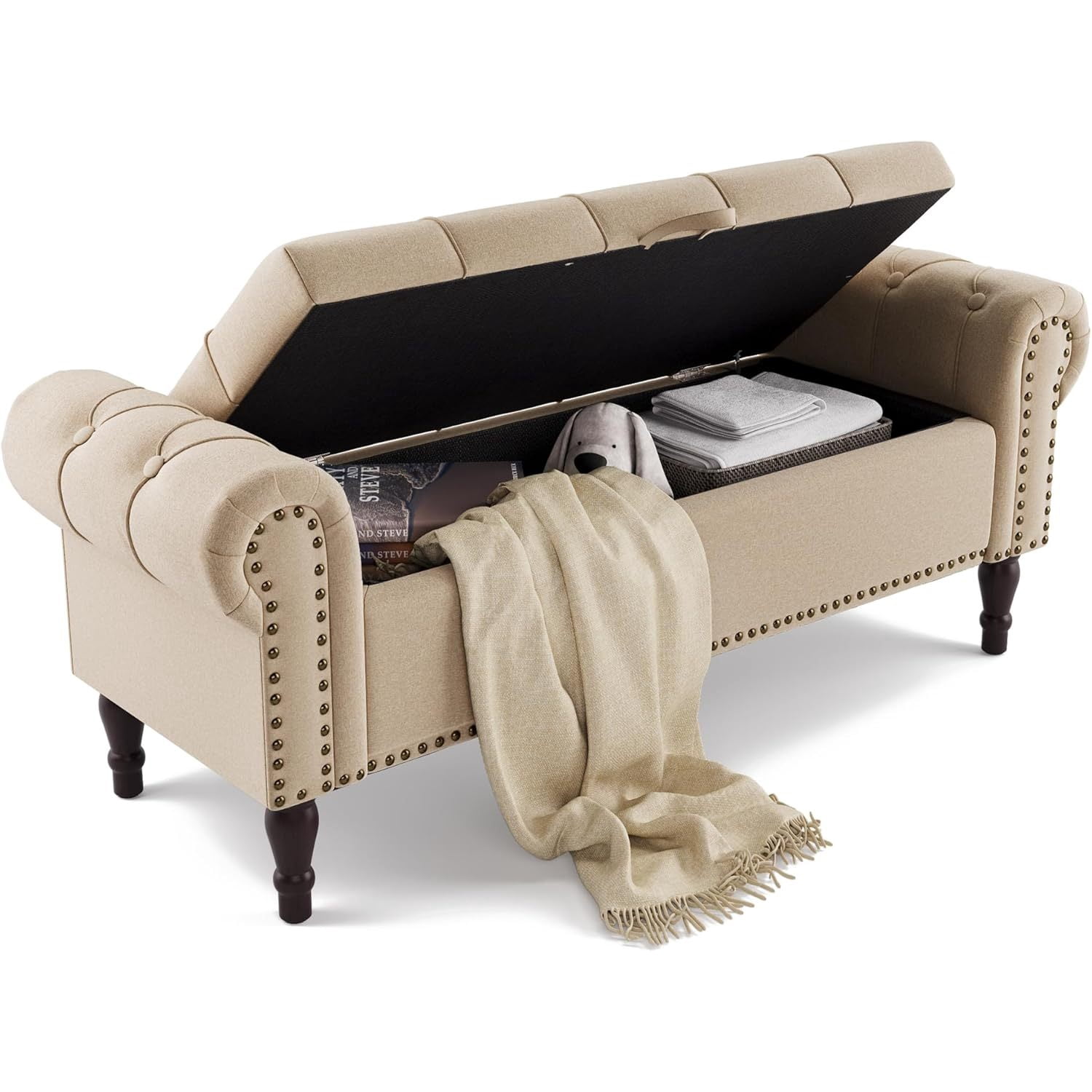 Storage Bench, 50” Queen Linen Tufted Button End of Bed Bench with ...