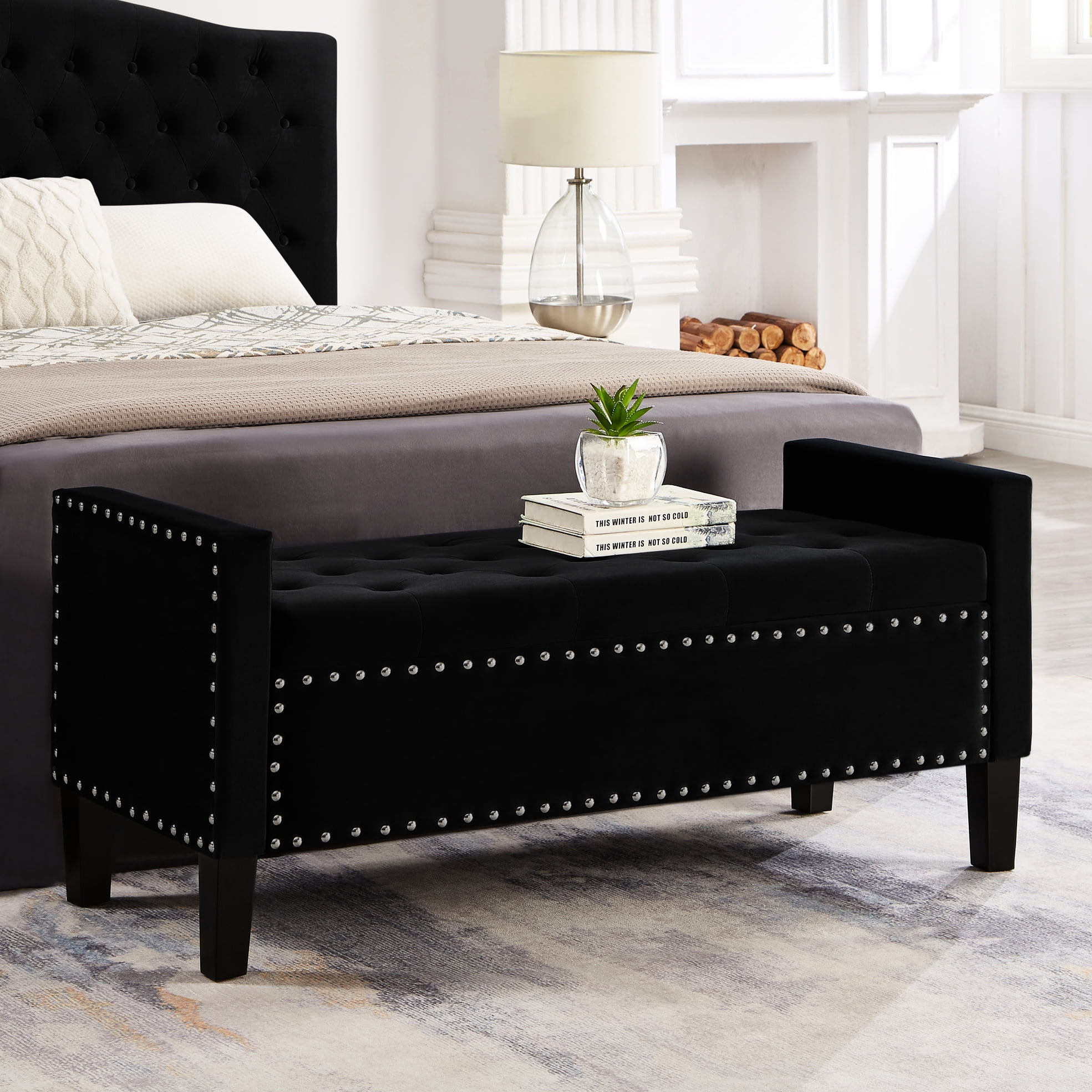 Storage Bench With Armrest And Buttons - Black Velvet Upholstery ...