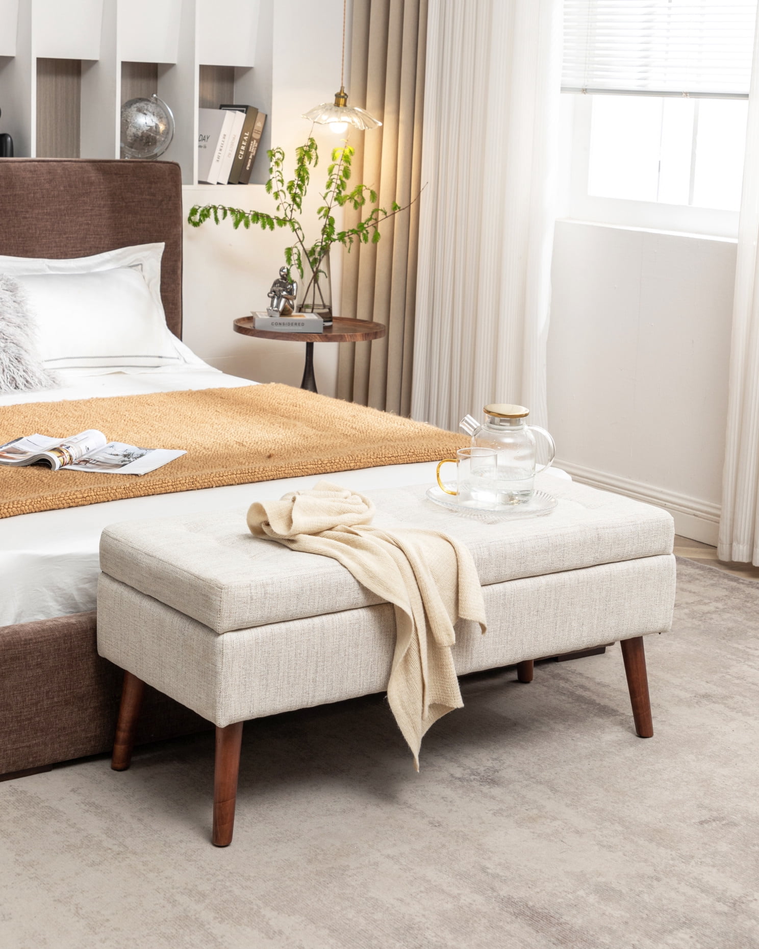 Storage Bench Bedroom Bench, Linen Upholstered End of Bed Bench with ...