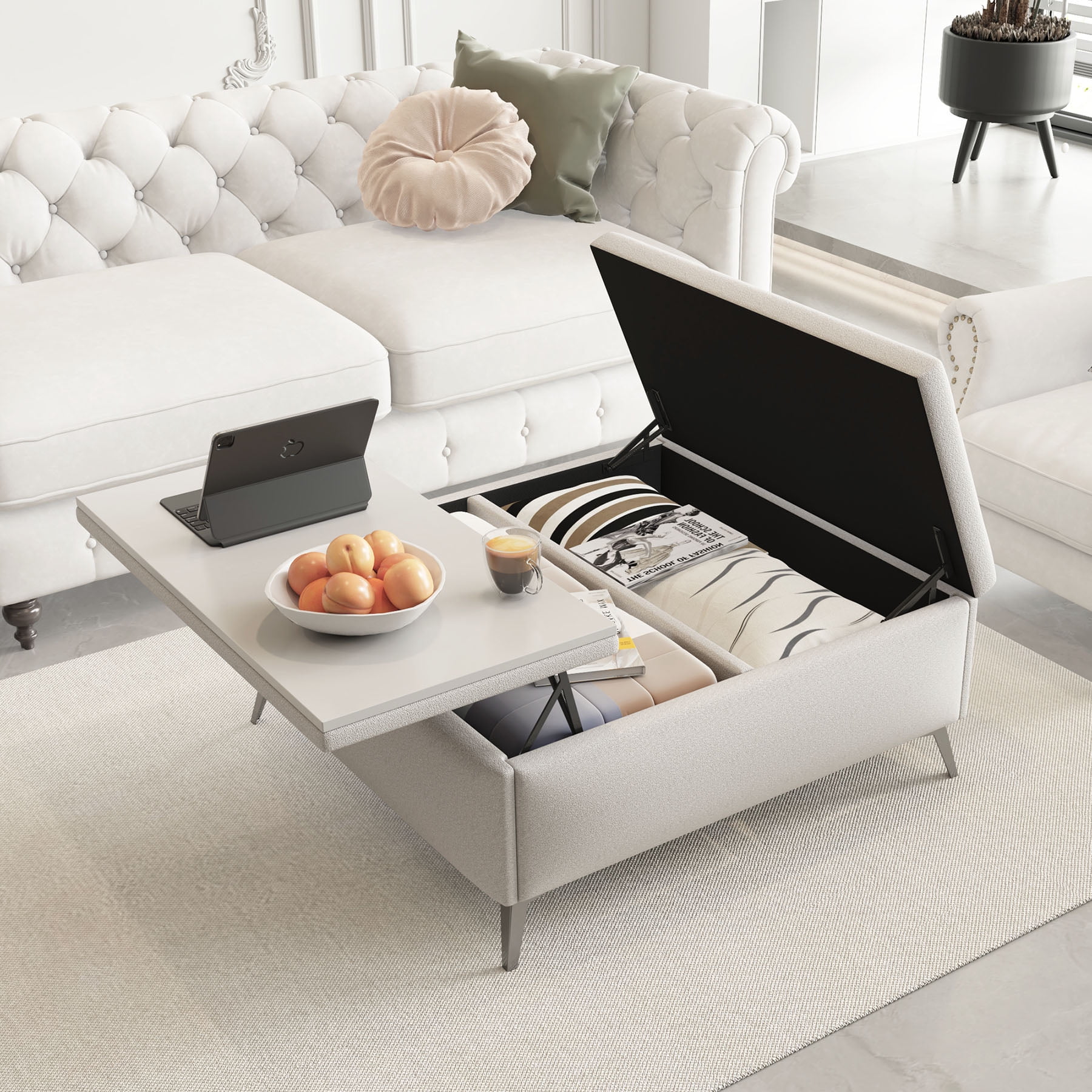 Storage Bench Coffee Table with Lift Top Oversized Upholstered Ottoman ...