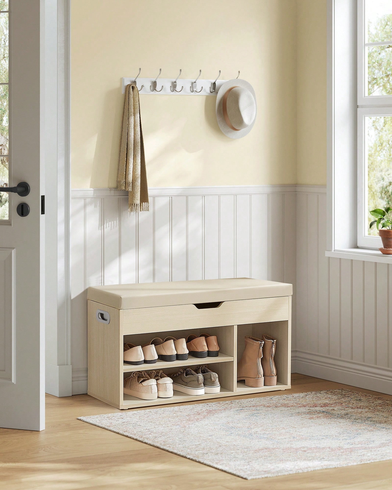 Storage Bench With Cushion, Shoe Bench With Padded Seat, 3 Compartments ...