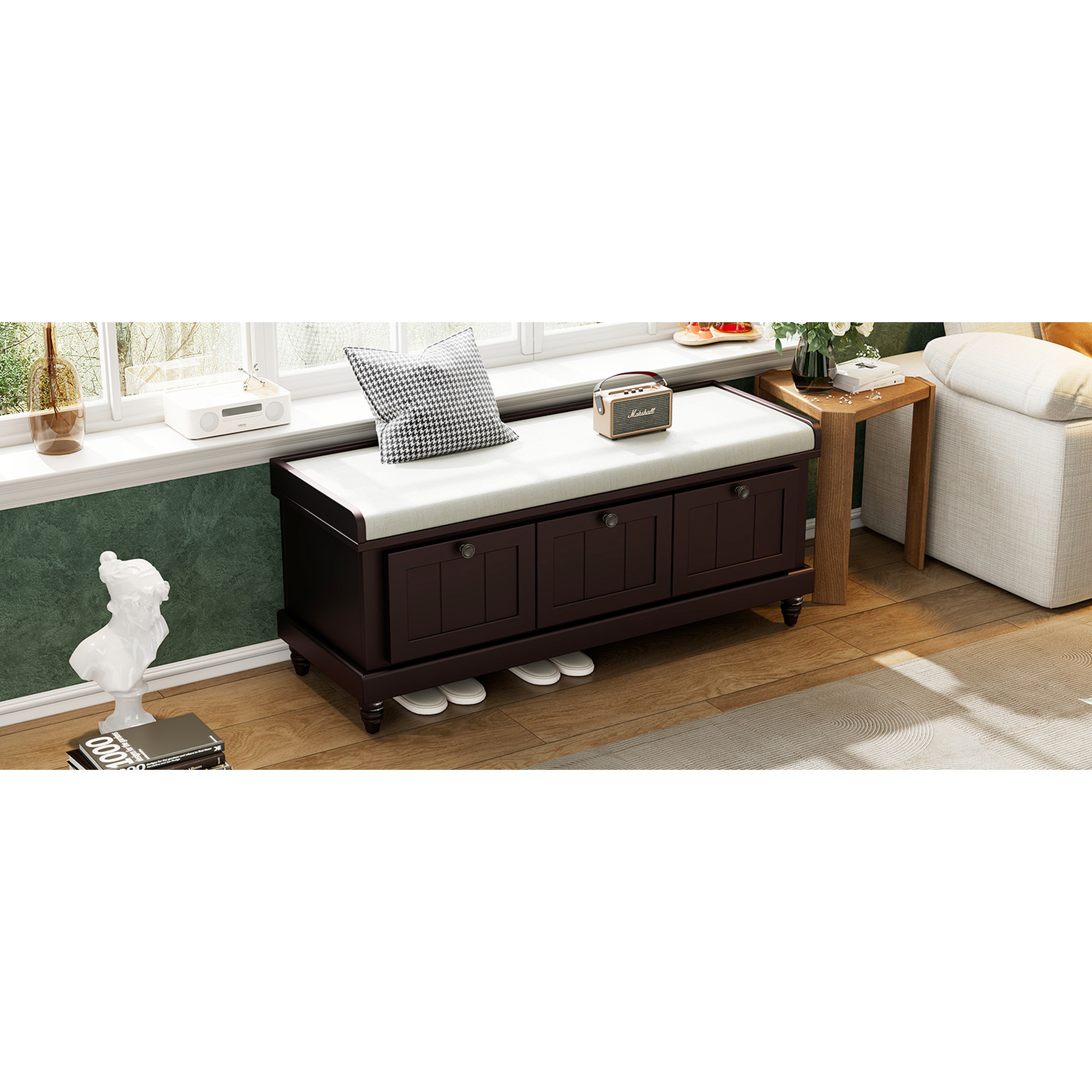 Storage Bench With Cushioned Seat By - Classic And Functional. Three ...