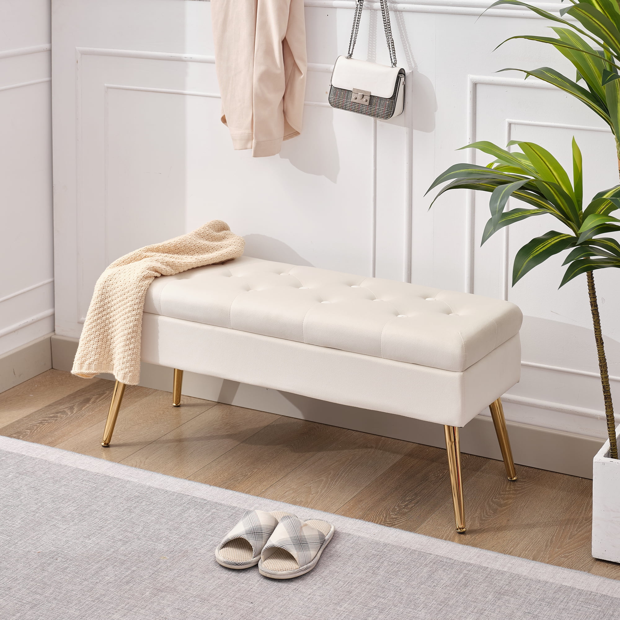 Free Shipping Storage Bench Entryway Bench Ottoman for Bedroom End of Bed Modern Velvet Benche Bedroom Benches for Foot of Bed Upholstered Bench with Golden Legs 40 White Walmart