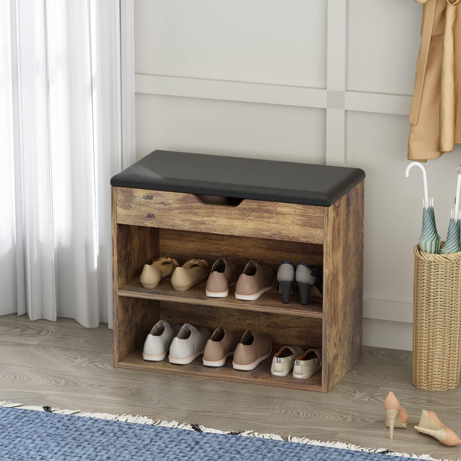 Storage Bench with Flip-up Door & 3 Compartments, Modern Entryway Bench ...