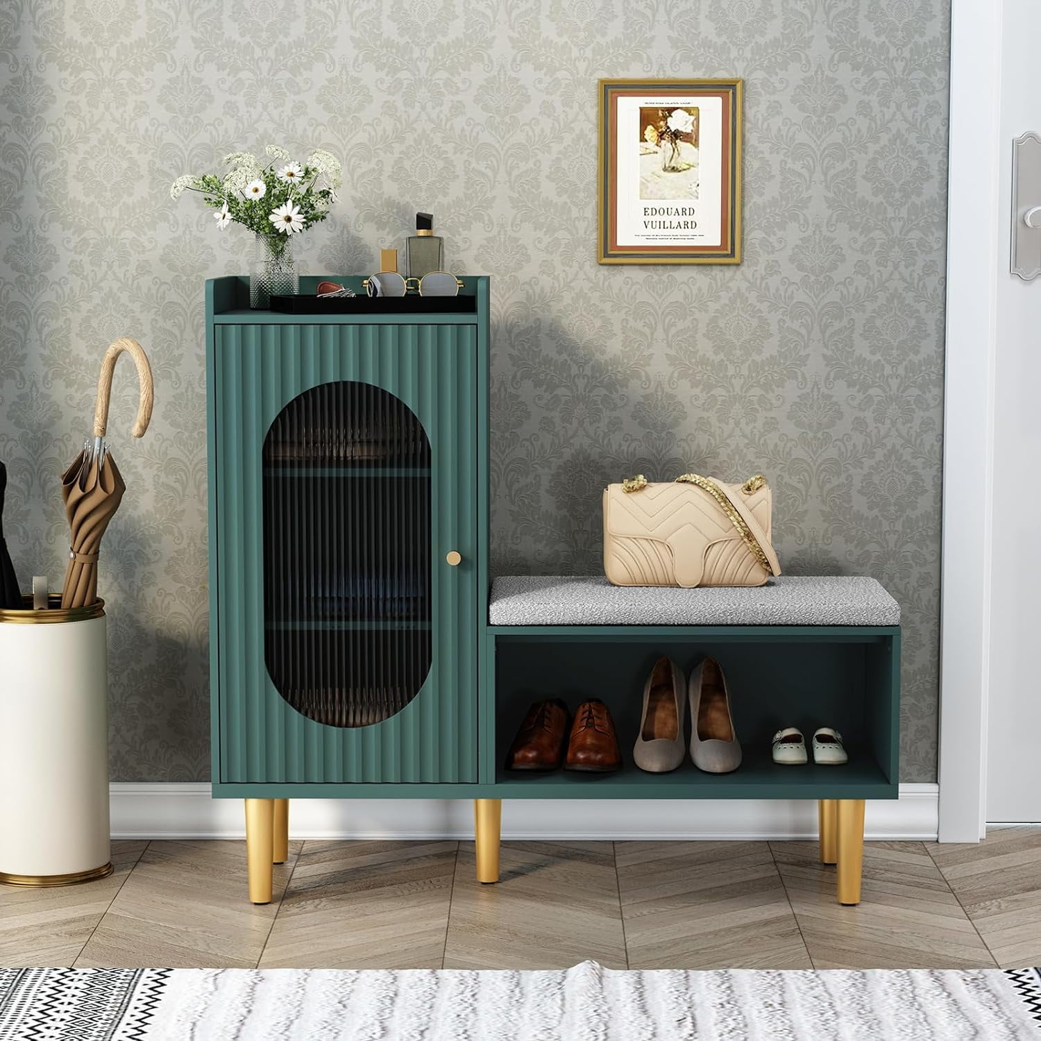 Storage Bench with Glass Door&Shelf, Modern Entryway Shoe Cabinet Bench ...