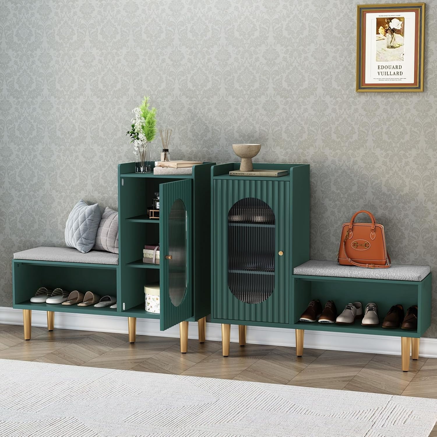 Storage Bench with Glass Door&Shelf, Modern Entryway Shoe Cabinet Bench ...