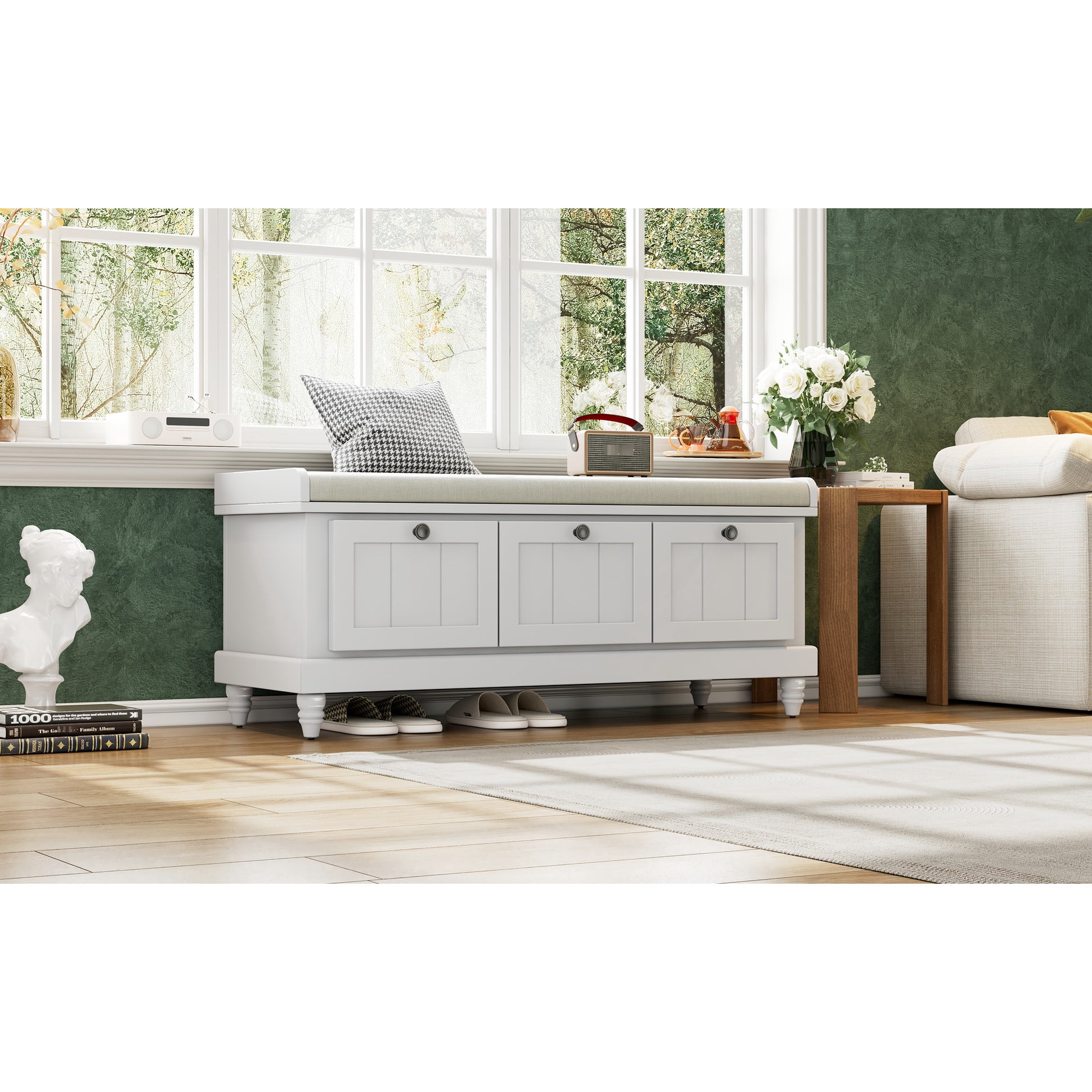 Storage Bench - Gray. Cushioned Seat And Three Drawers. Design. Made Of ...