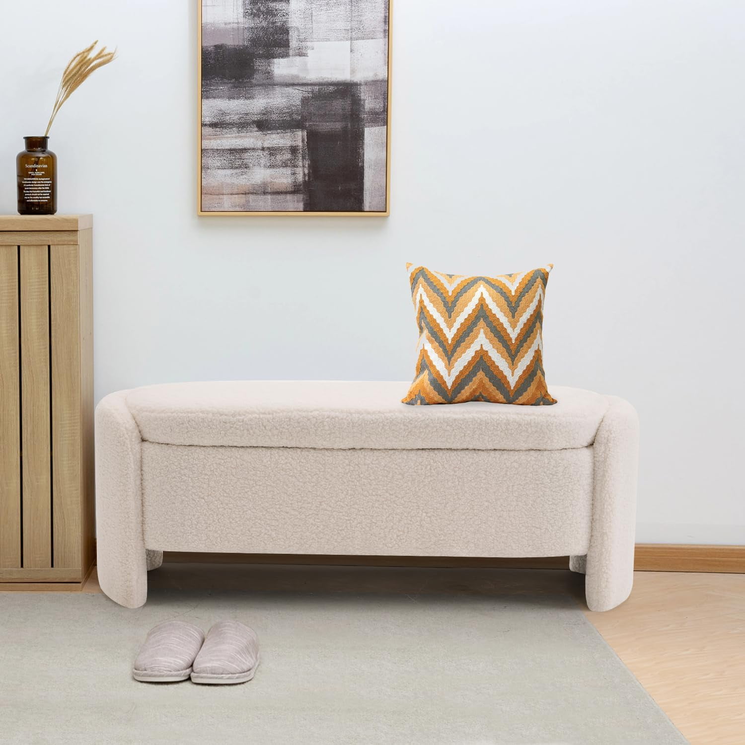 Storage Bench with Lamb Fleece Fabric, Upholstered Ottoman with ...