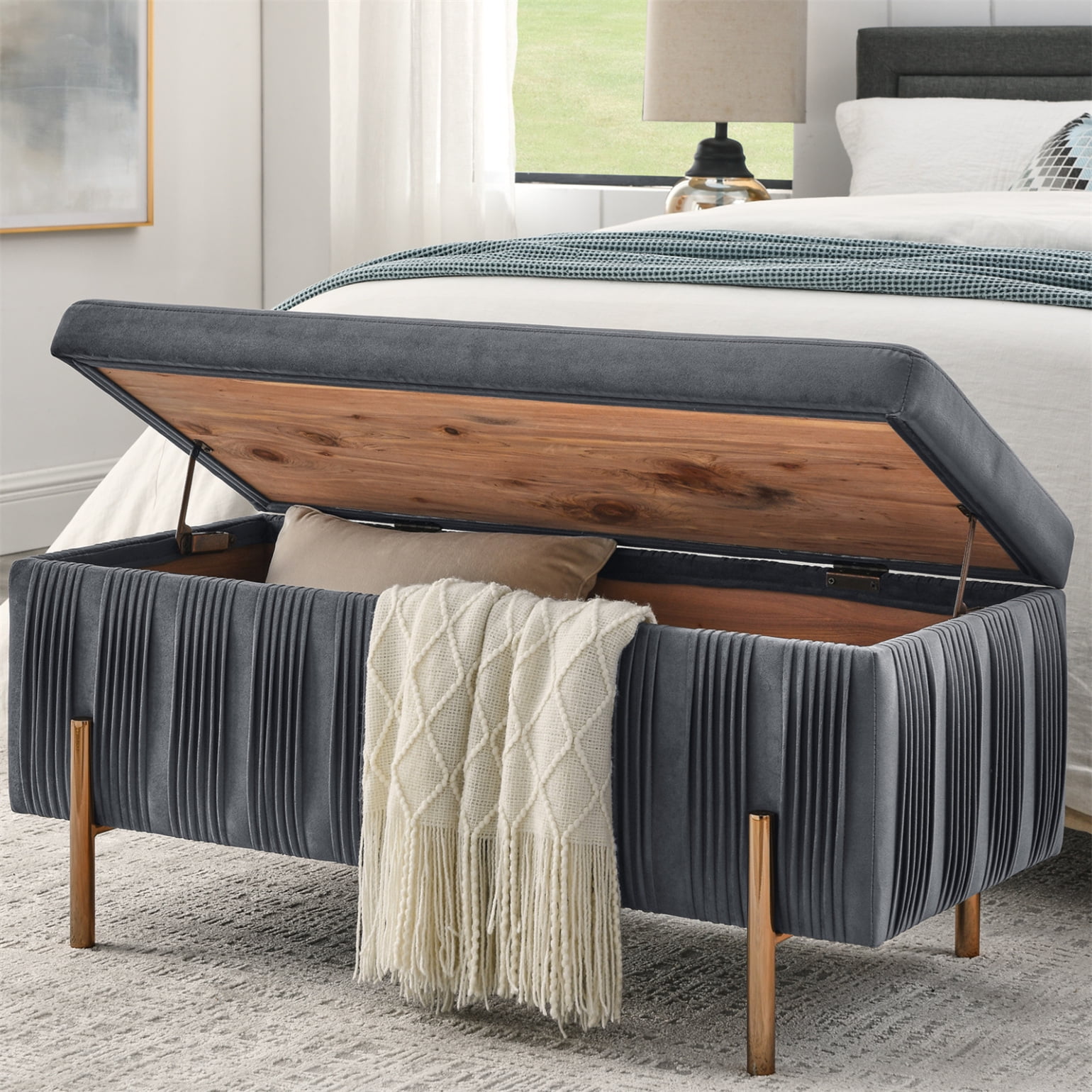 Triple Tree Storage Bench, Large Ottoman with Velvet Upholstery ...