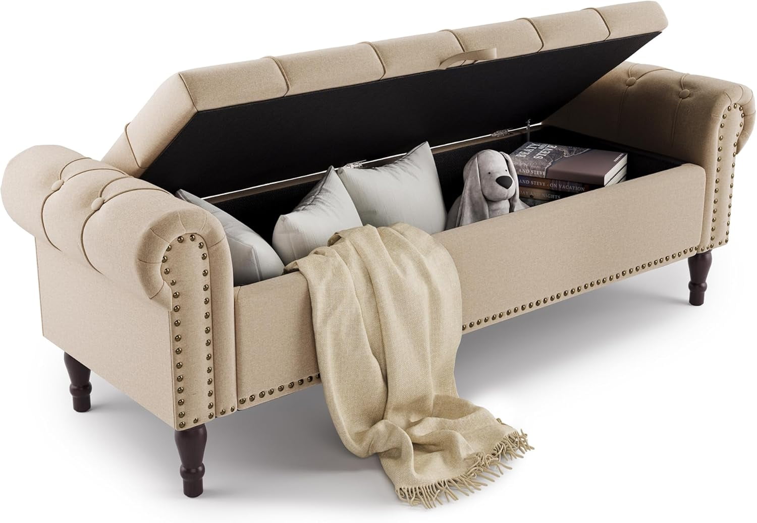 Storage Bench Ottoman 62" Long King Linen Rolled Arm Bedroom End of Bed ...