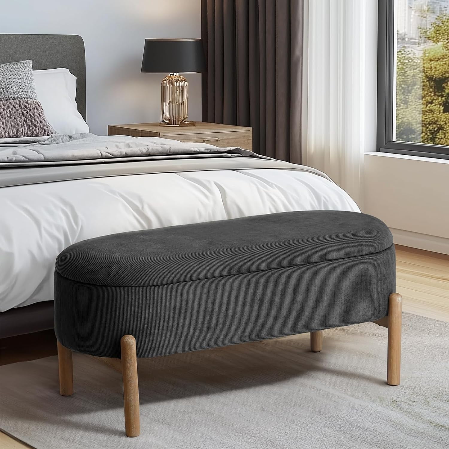 Storage Bench Ottoman Upholstered Corduroy Bench for Bedroom End of Bed ...