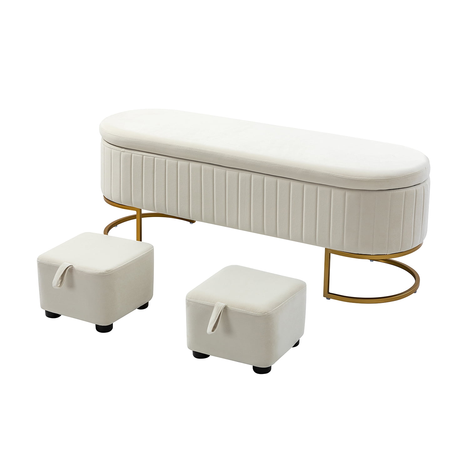 Storage Bench Ottoman with 2 Footstools Upholstered Golden C-Shaped ...