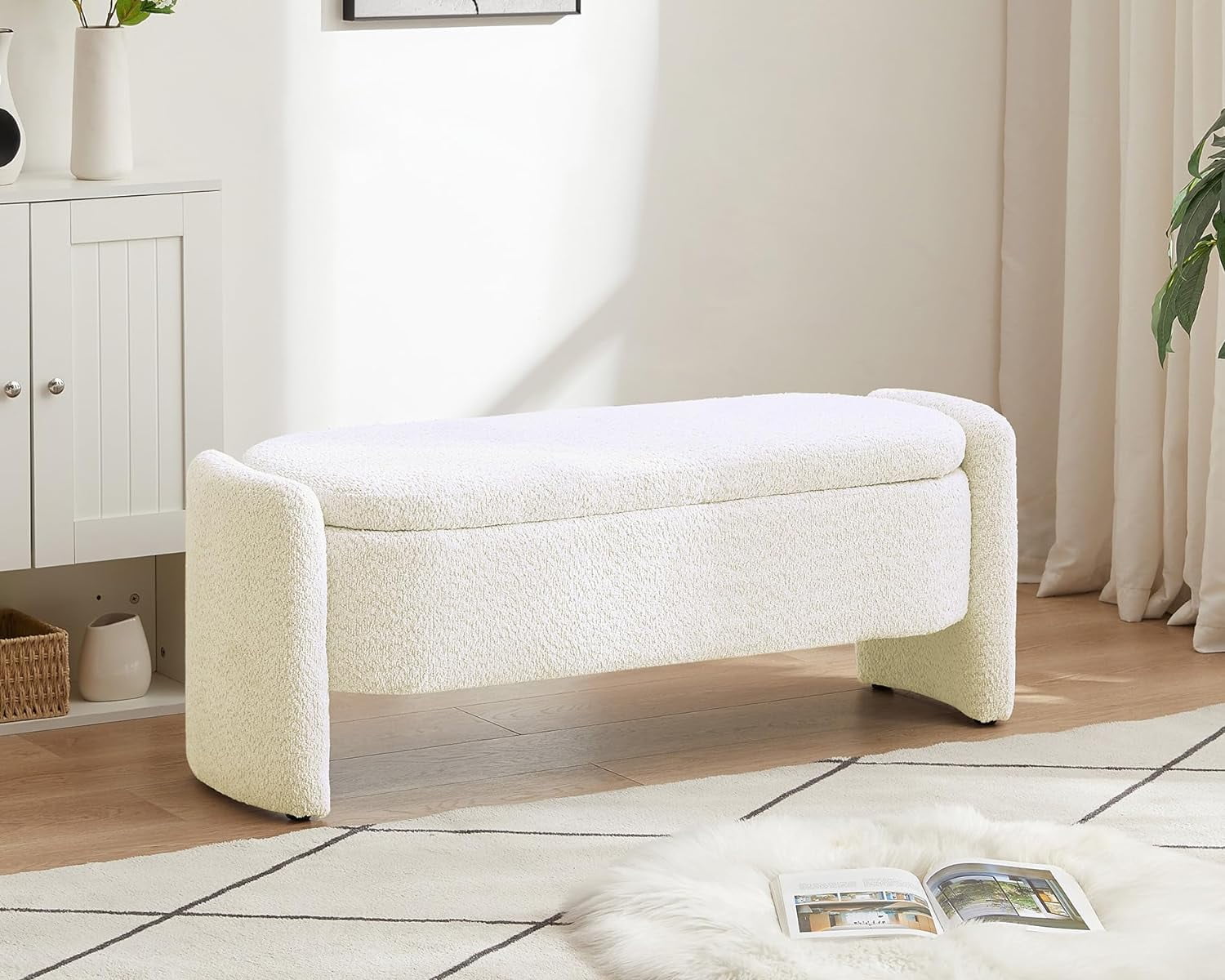Storage Bench, Ottoman with Large Storage Space Lamb Fleece Fabric ...