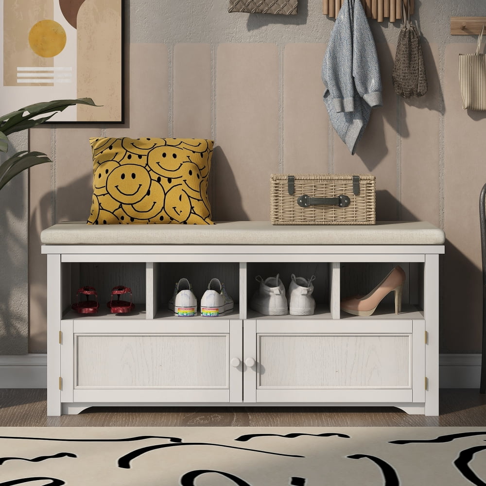 Storage Bench, Rustic Style 2-Door Entryway Bench with Linen ...